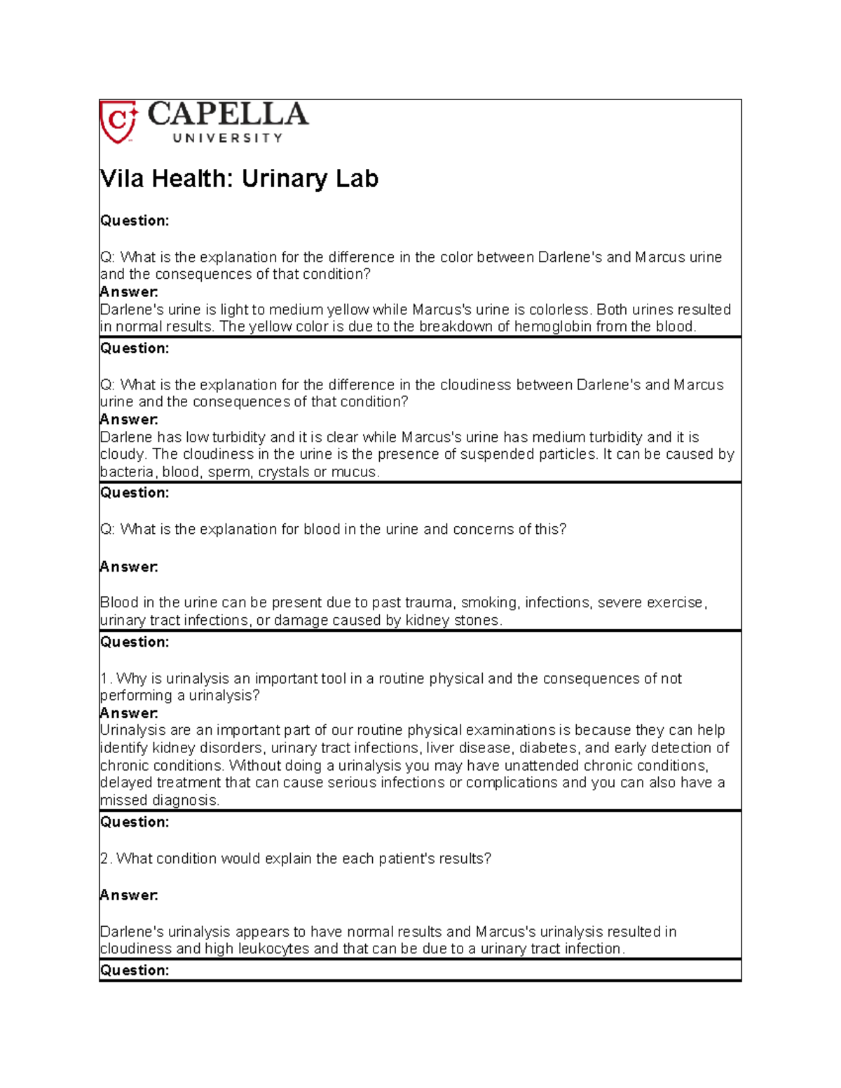 Urinary system lab - Vila Health: Urinary Lab Question: Q: What is the explanation for the - Studocu