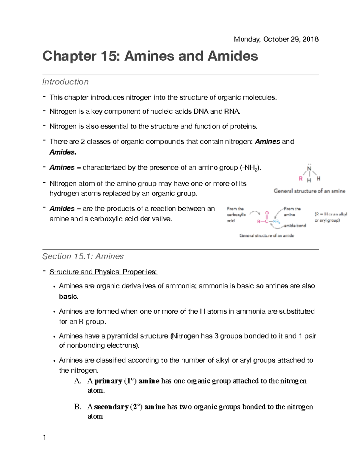 Organic Chem CHAP - notes - Chapter 15: Amines and Amides Introduction ...