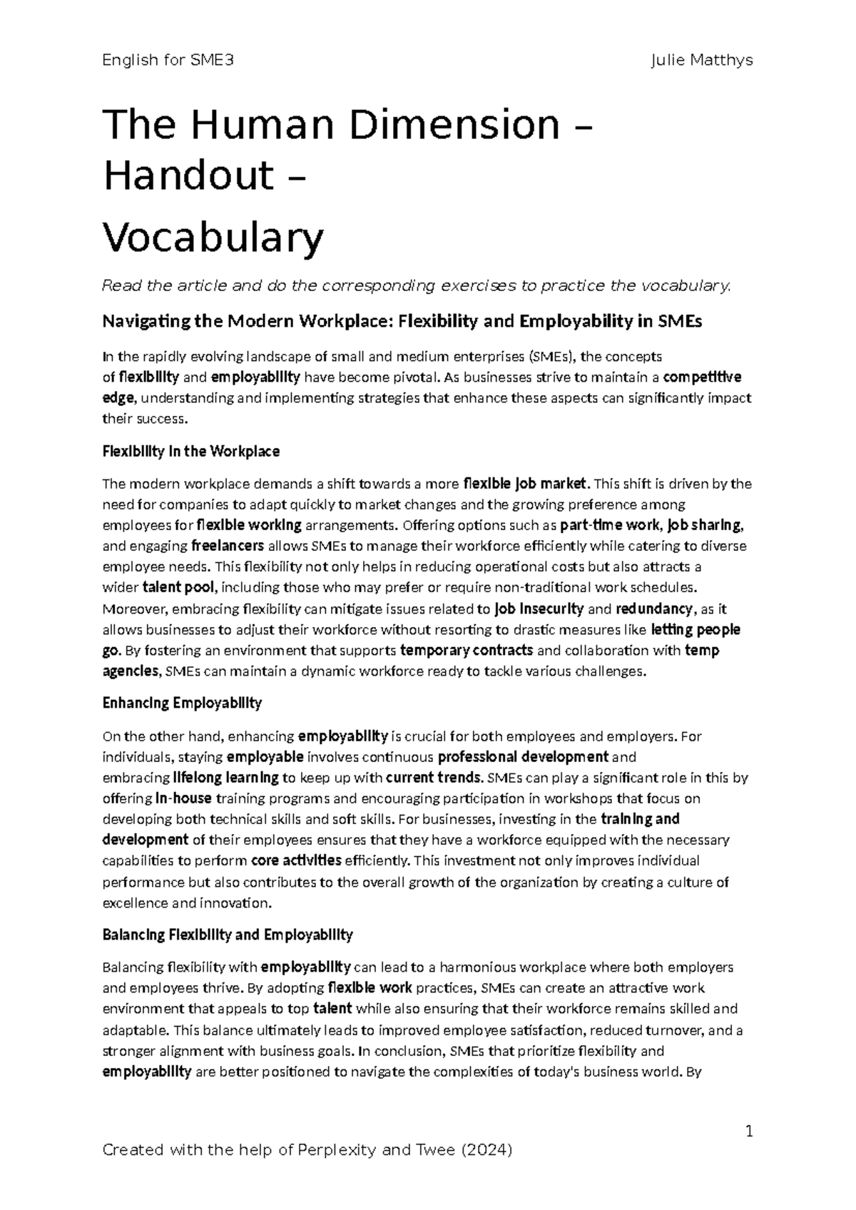 SME Human Dimension - Handout used in class - Vocabulary - The Human ...