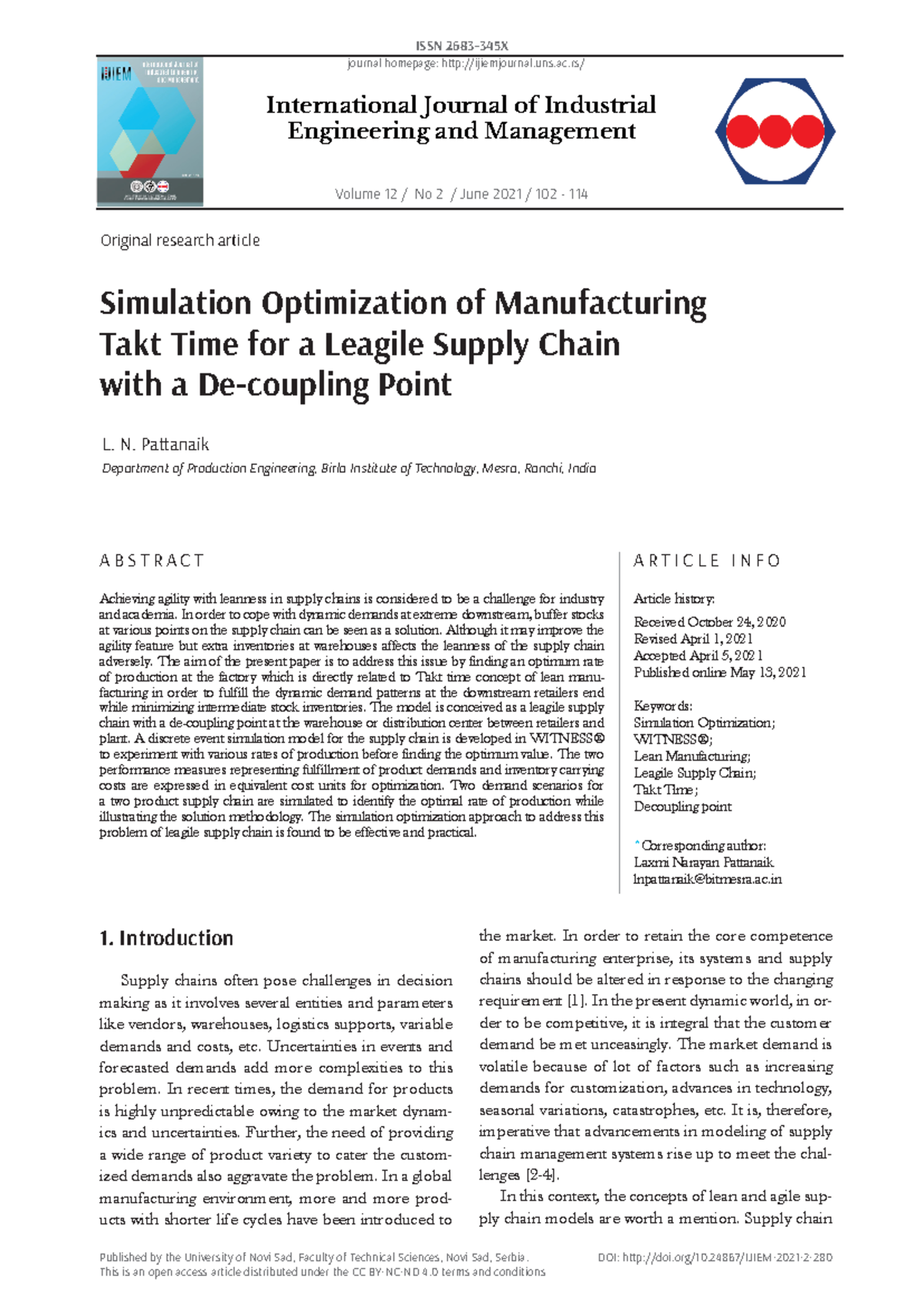 Simulation Optimization of Manufacturing Takt Time for a Leagile Supply ...