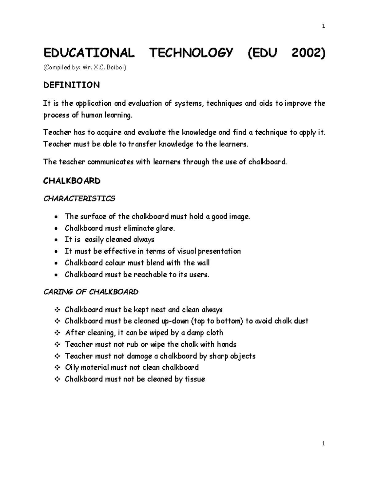 Educational Tech notes - EDUCATIONAL TECHNOLOGY (EDU 2002) (Compiled by ...