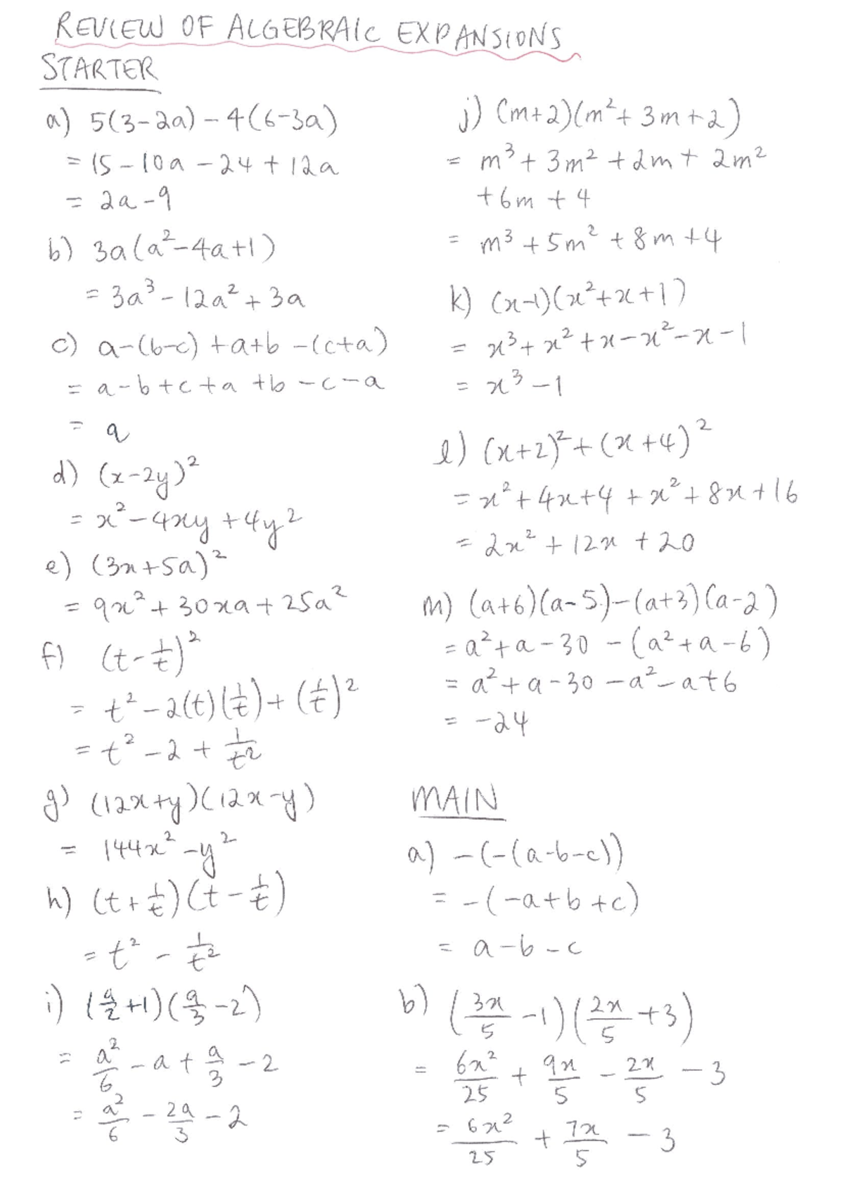 02 - Review of Algebraic Expansions - Answers - Studocu