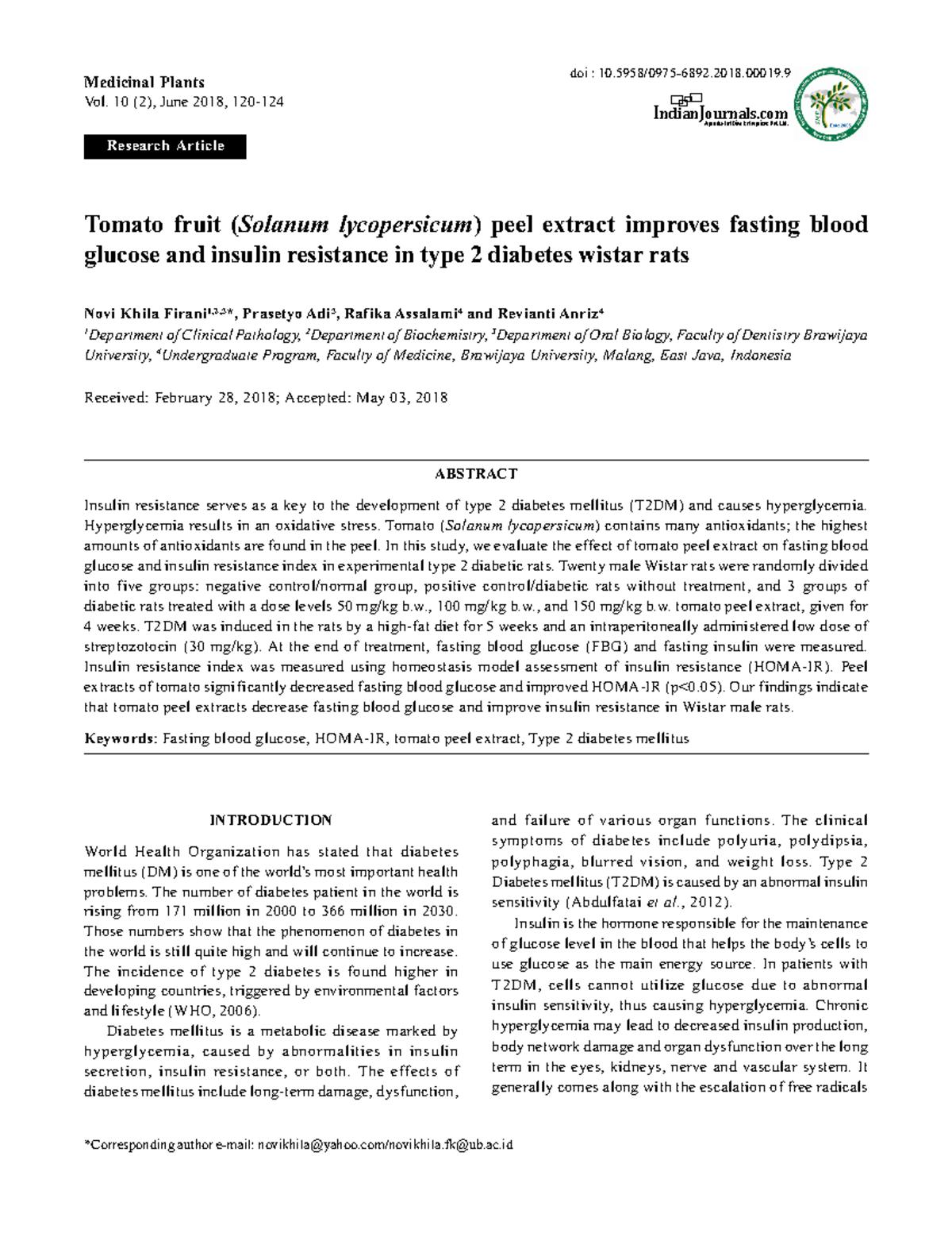 Jurnal Solanum Medicinal Plant Published - Medicinal Plants Vol. 10 (2), June 2018, 120- - Studocu