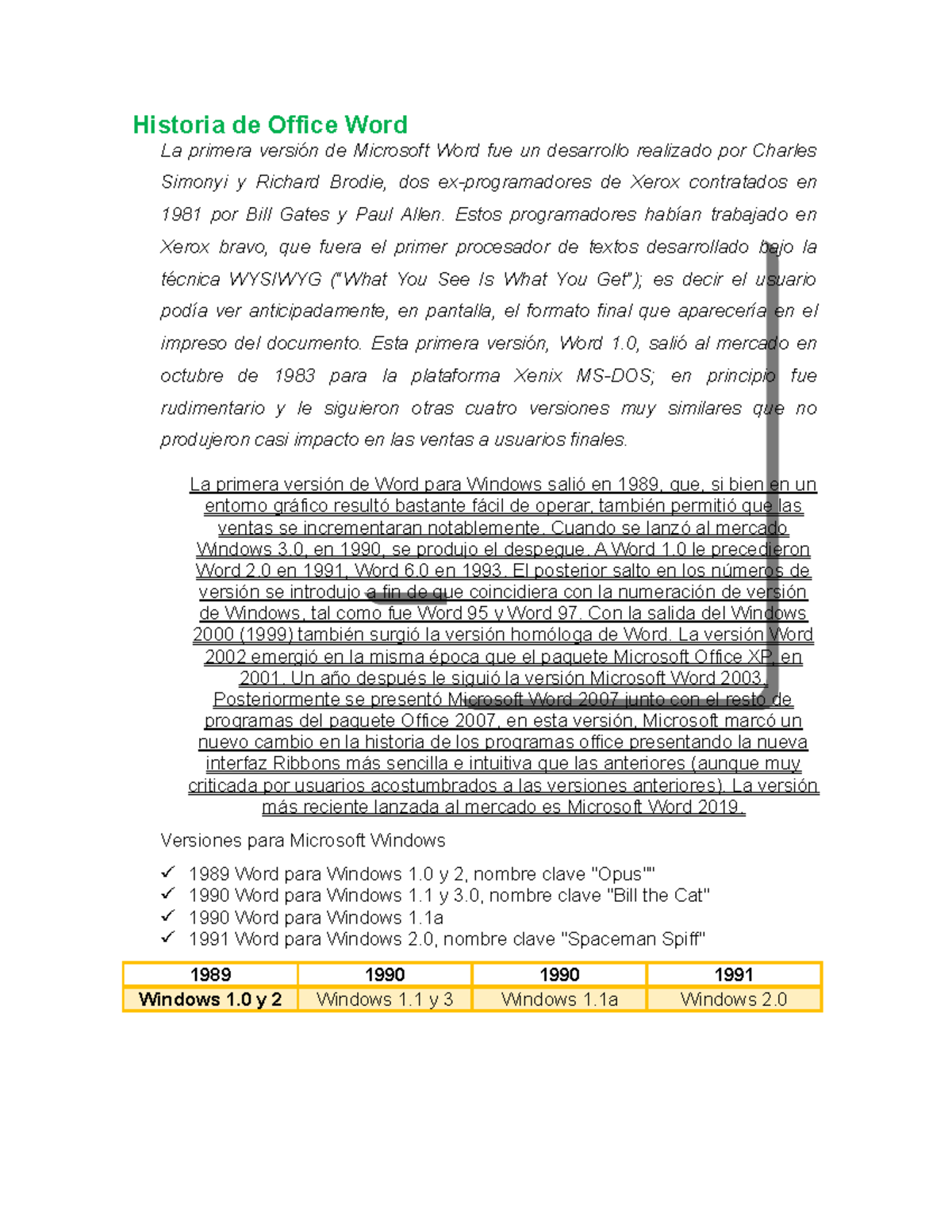 Practica de Word - Historia de Office Word La primera versión de ...
