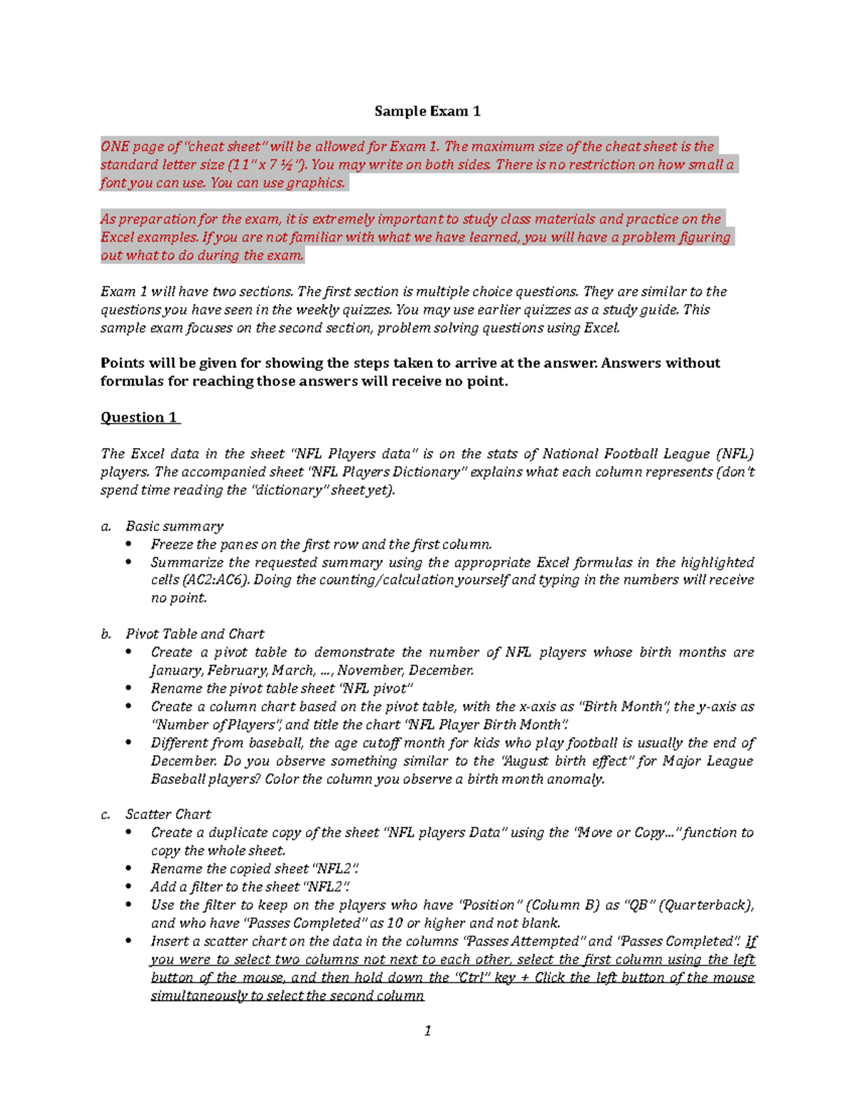 MARK 3338 Sample Exam1 Questions - Sample Exam 1 ONE page of “cheat sheet” will be allowed for ...