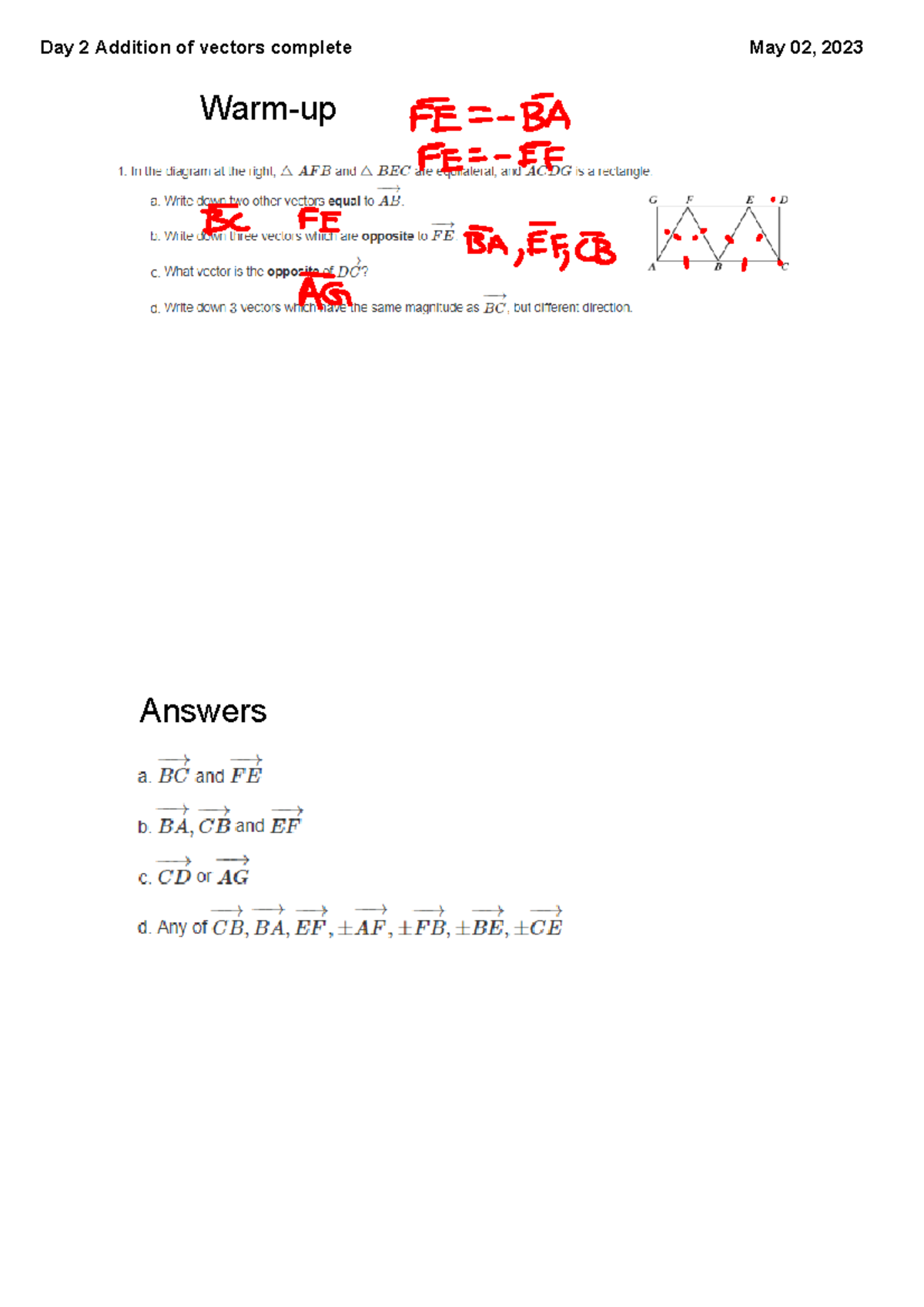 Day 2 completed Addition of vectors - Warmup Answers Lesson 2 Addition ...