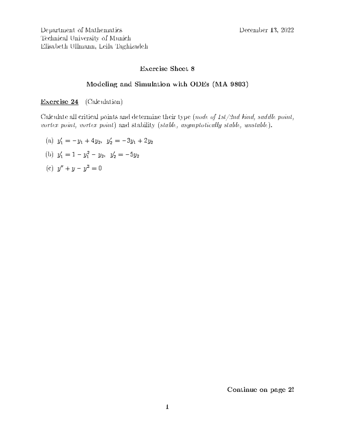 Exercise sheet 8 - Übungsblatt for ODEs Mathe III MSE - ♣ rt♠ ♥t ♦ t ♠ t s ♠ r - Studocu
