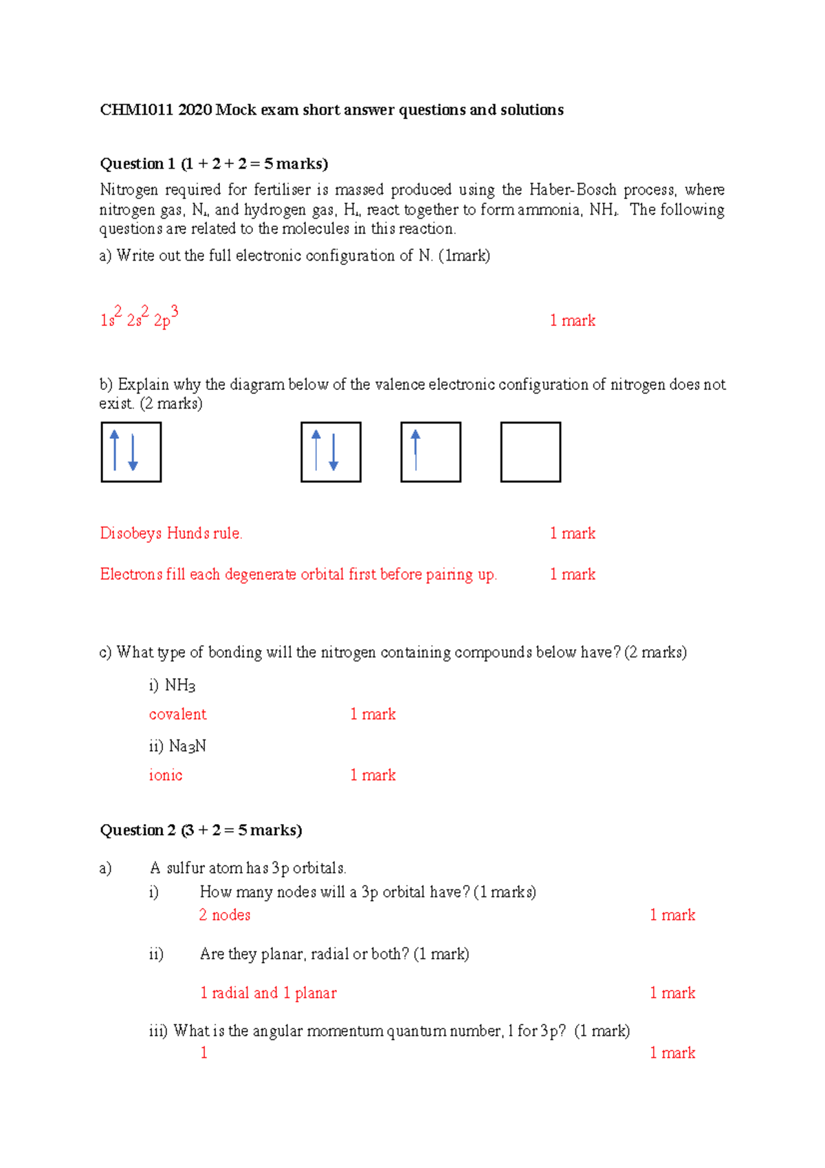 CHM1011 2020 Mock exam 1 short answer - CHM1011 2020 Mock exam short answer questions and ...