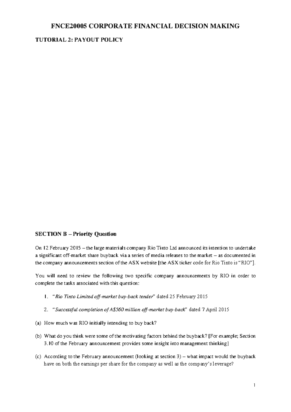 Tutorial 2 with solutions 2024 Section B - FNCE 20005 CORPORATE ...