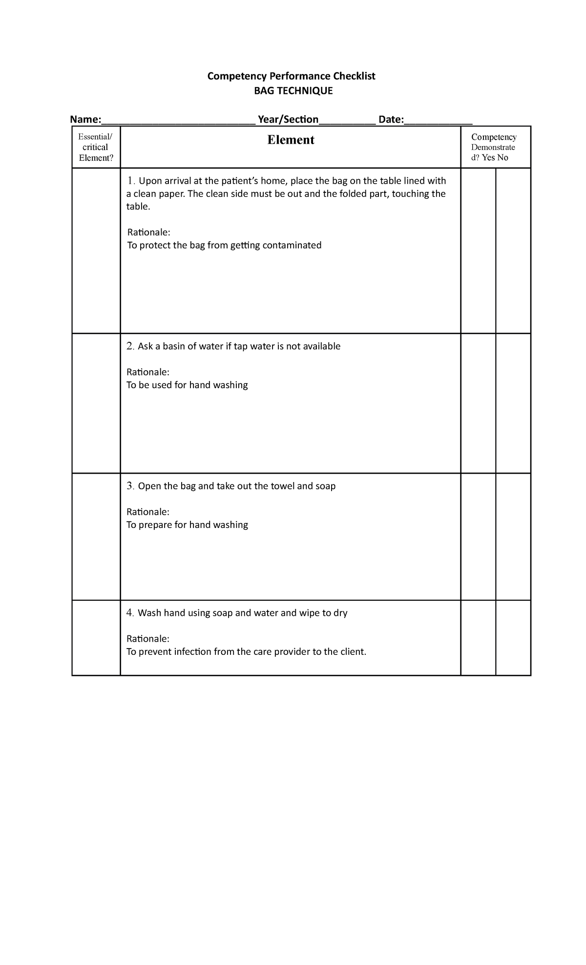 Bag Technique Script - Competency Performance Checklist BAG TECHNIQUE ...