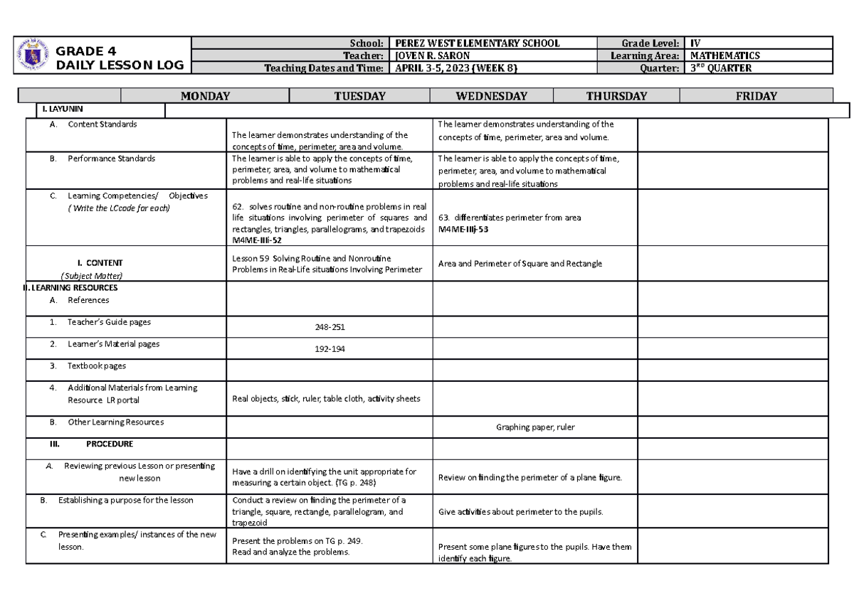 DLL Mathematics 4 Q3 W8 - GRADE 4 DAILY LESSON LOG School: PEREZ WEST ...