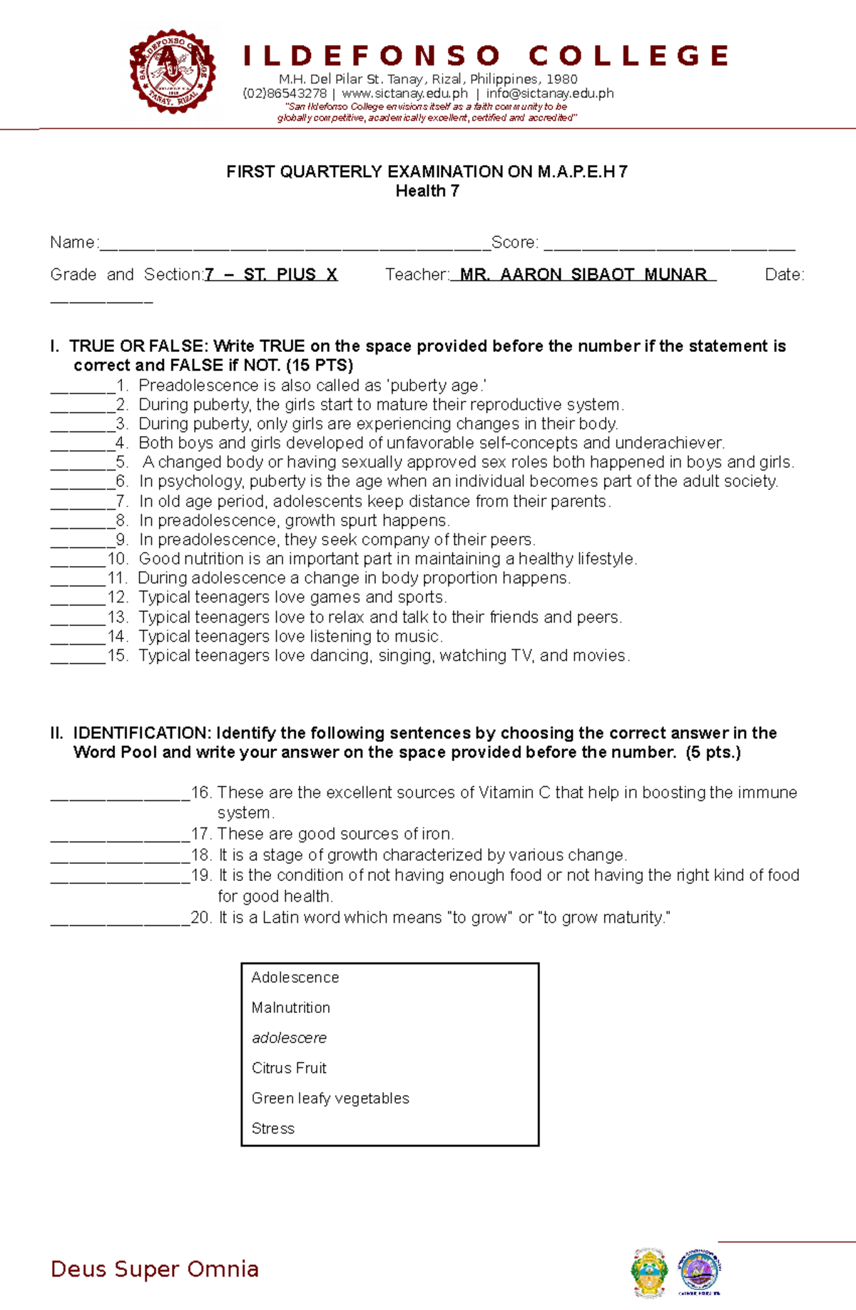 First Quarterly Examination ON M.A.P - S A N I L D E F O N S O C O L L ...