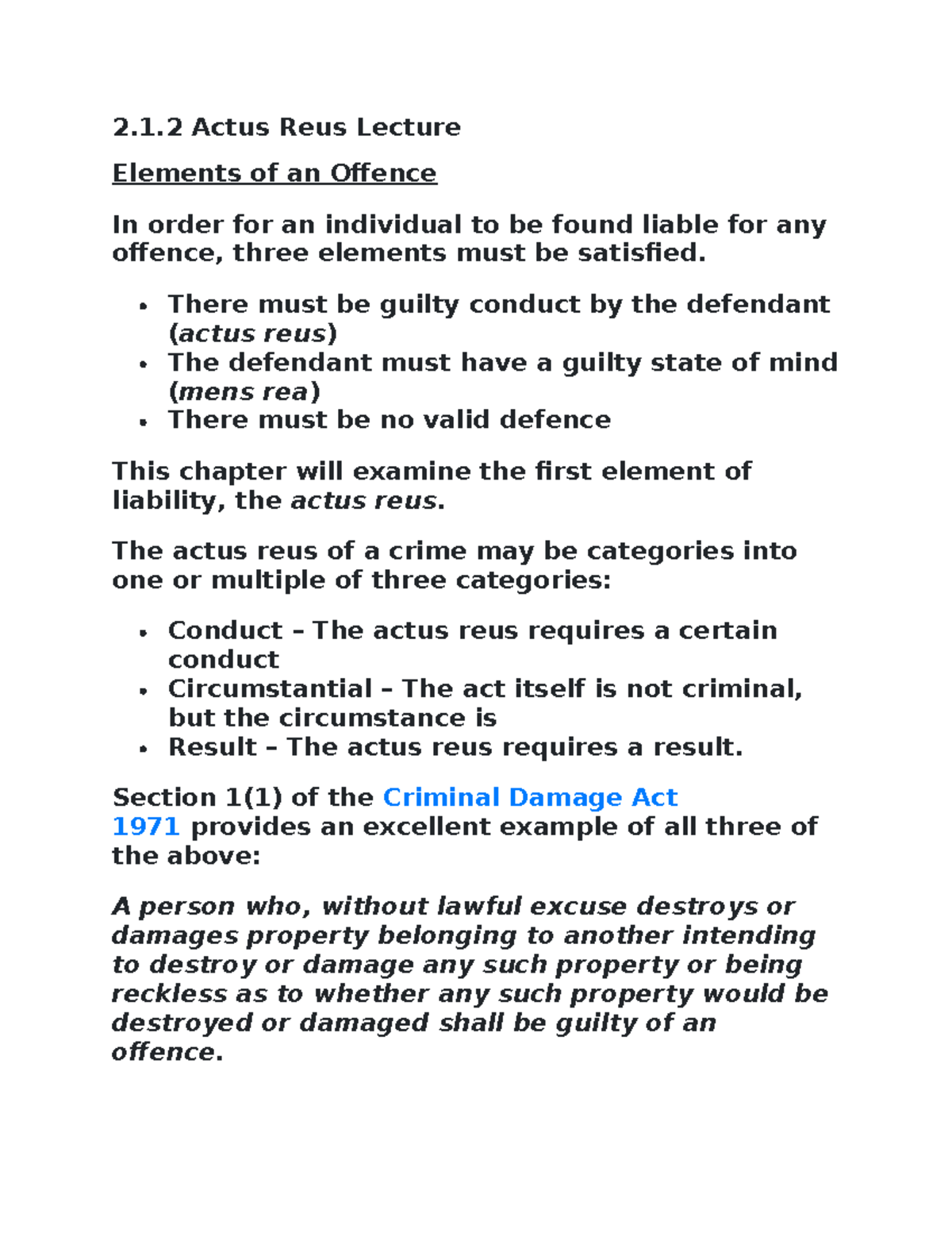 Actus rea - nmnmnmm,,m - 2.1 Actus Reus Lecture Elements of an Offence In order for an ...