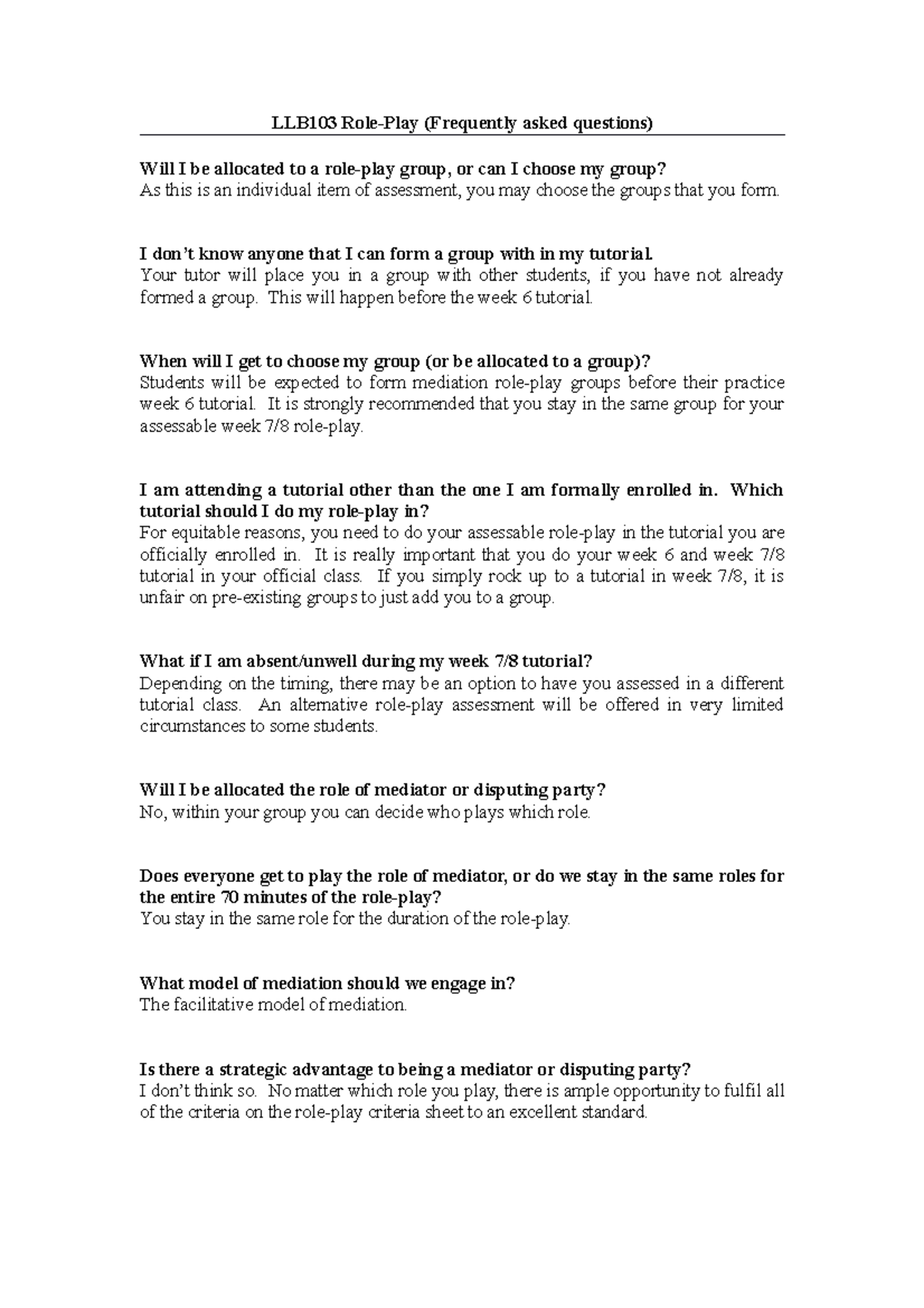 LLB103 Role-play FAQs 2021 - LLB103 Role-Play (Frequently asked ...