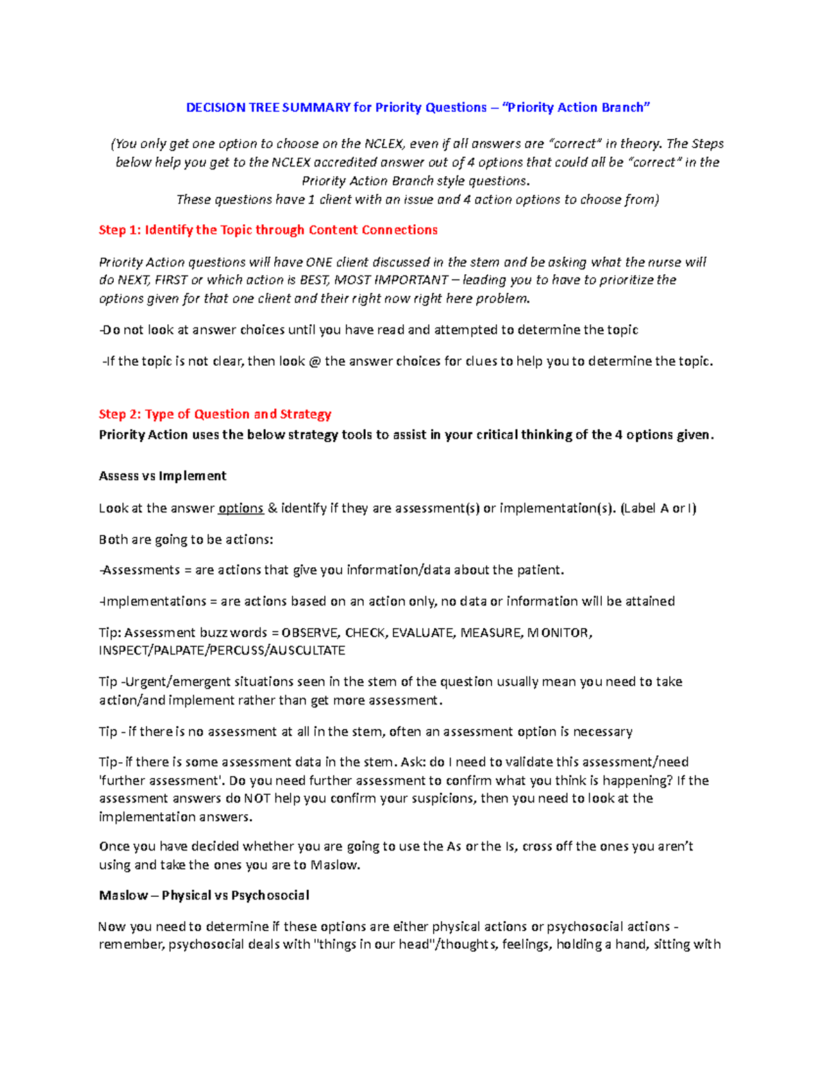 Decision TREE Summary for Priority Action Branch Questions - DECISION ...