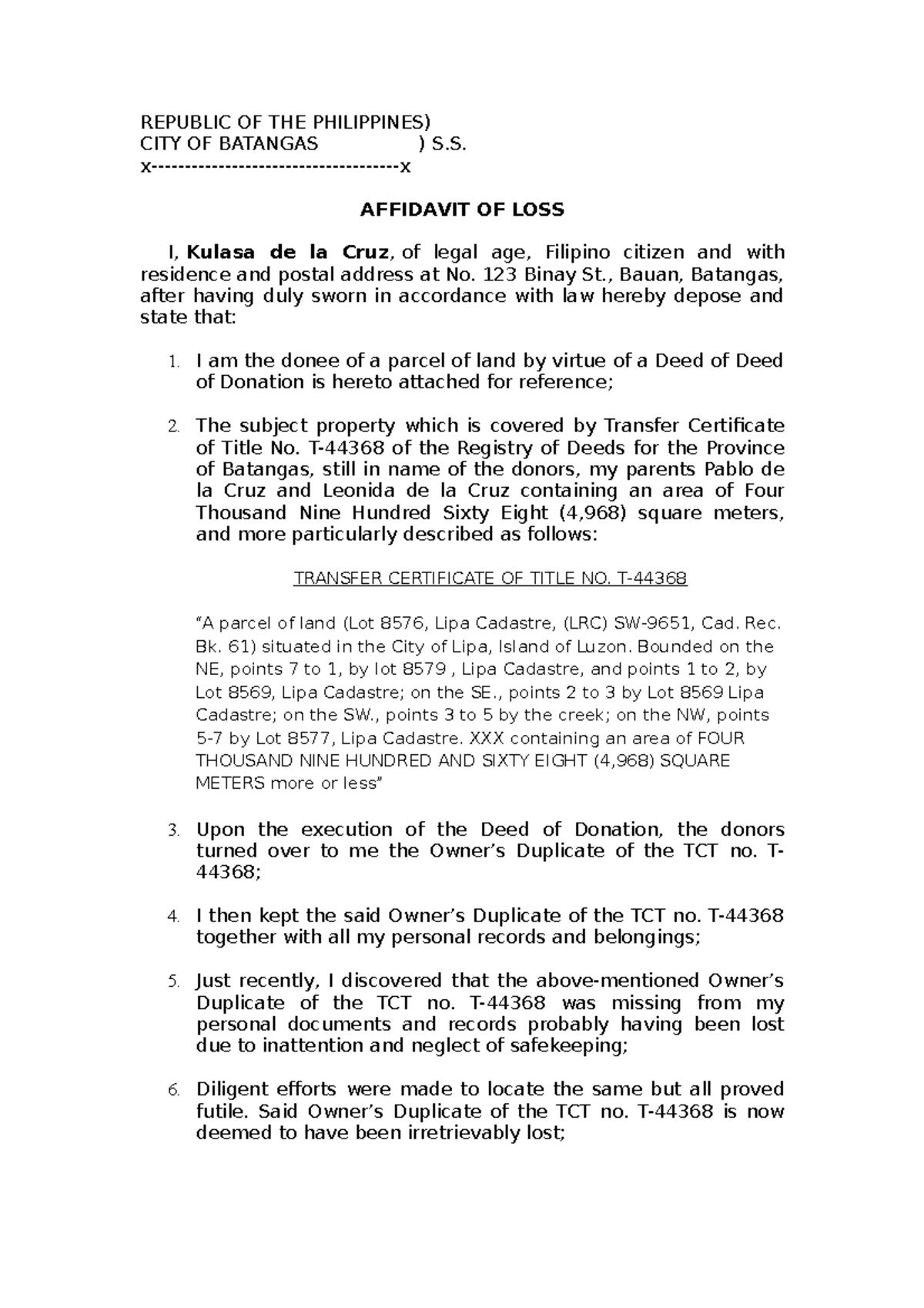 Affidavit-of-Loss - eeeeeeeeeeeeeeeeeeeeeeeeeeee - REPUBLIC OF THE ...