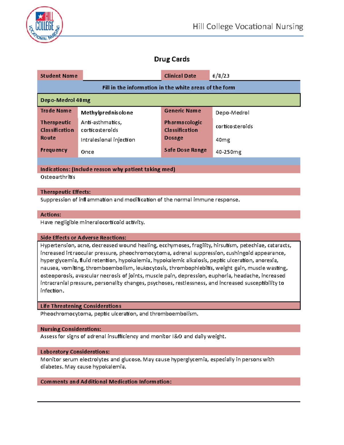 Drug Cards - Drug Cards Student Name Clinical Date 6/8/ Fill in the ...