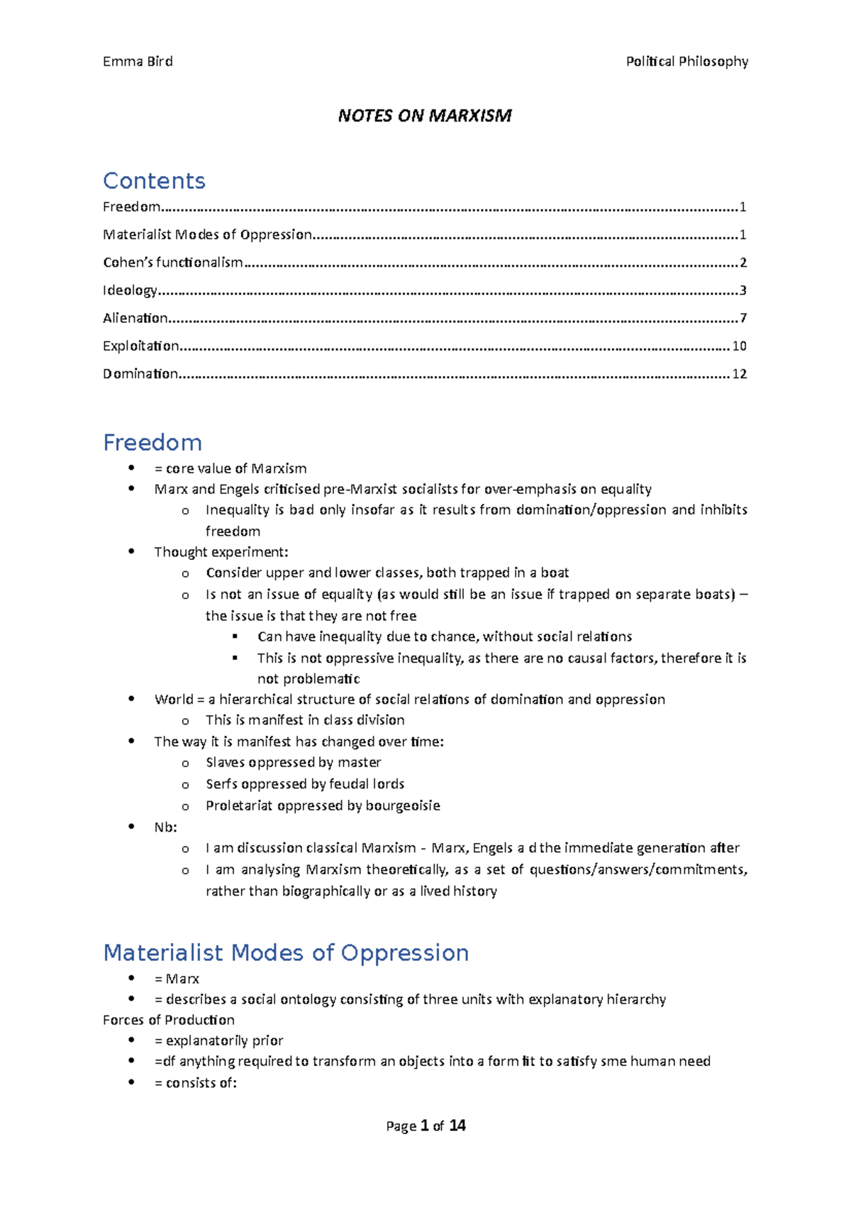 Notes on Marxism - NOTES ON MARXISM Contents - Studocu