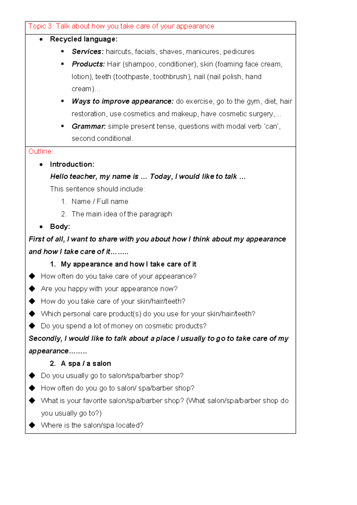 ENT2226 Topic 3 Writing Format - Topic 3: Talk about how you take care ...