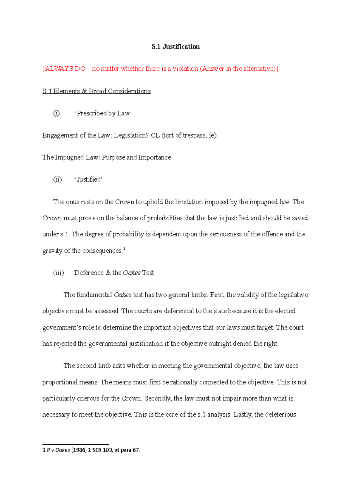 Oakes Test - Section 1 Justification and outline - S Justification ...