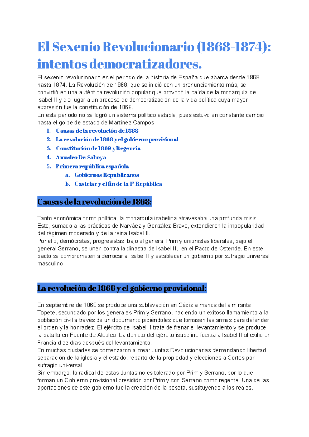 Tema 4 de desarrollo-sexenio revolucionario - El Sexenio Revolucionario (1868-1874): intentos ...