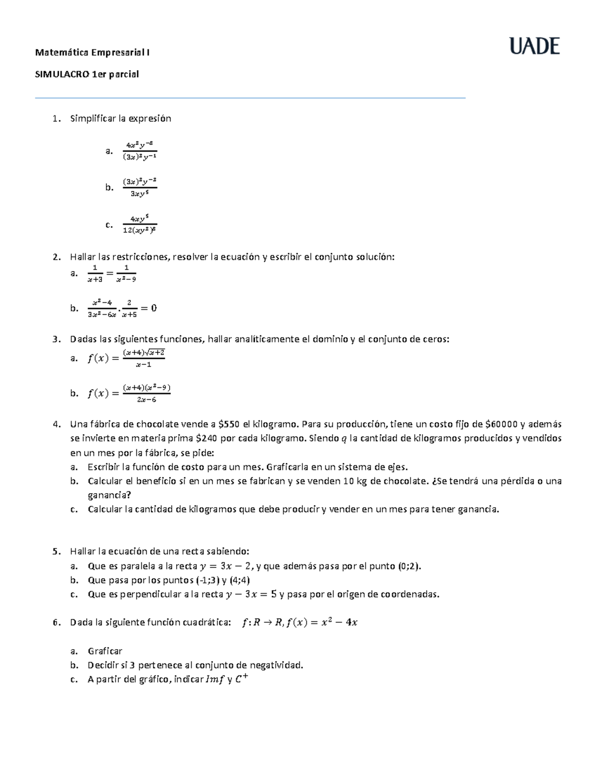 Simulacro Primer parcial Matemtica Emp 1 - Matem·tica Empresarial I SIMULACRO 1er parcial - Studocu