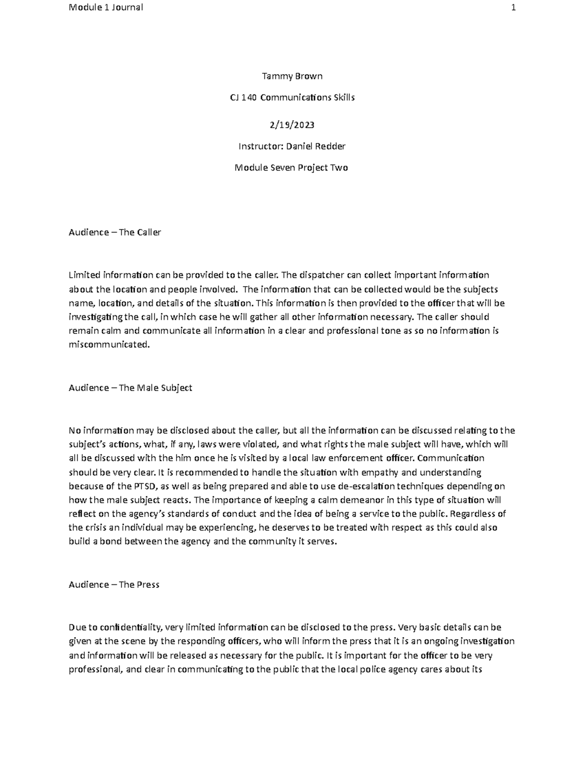 Cj 140 Module Sevenb Project Two - Module 1 Journal 1 Tammy Brown CJ ...