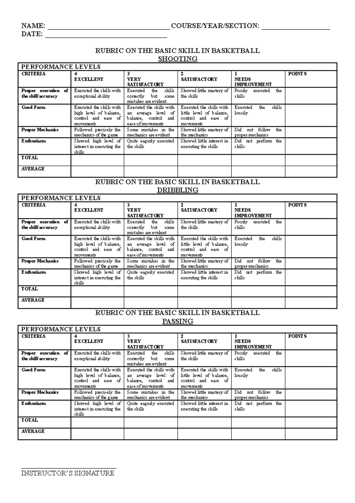 Basketball- Rubrics - study hard to get high grades - NAME