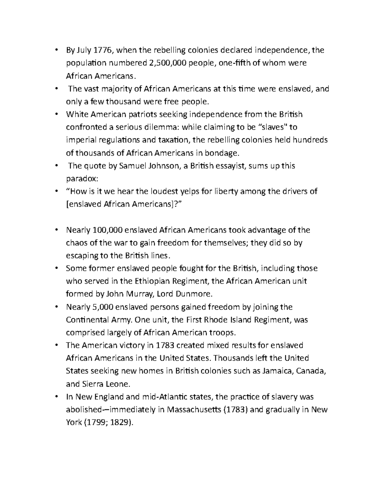 African Americans in the Revolution Lecture Notes 3 - By July 1776 ...