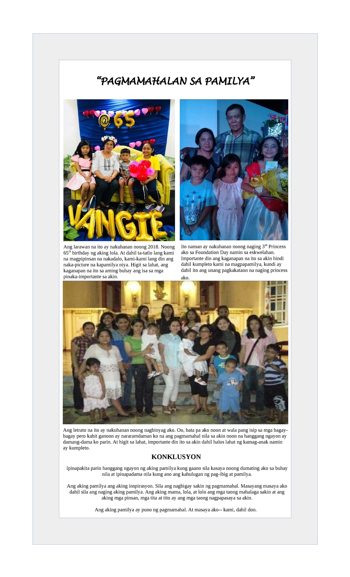 Esp project notes - philosophy about esp - “PAGMAMAHALAN SA PAMILYA ...