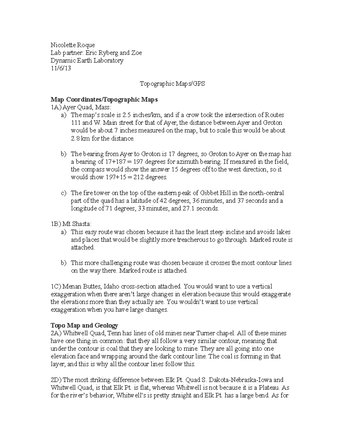 Topographic maps gps - Nicolette Roque Lab partner: Eric Ryberg and Zoe ...