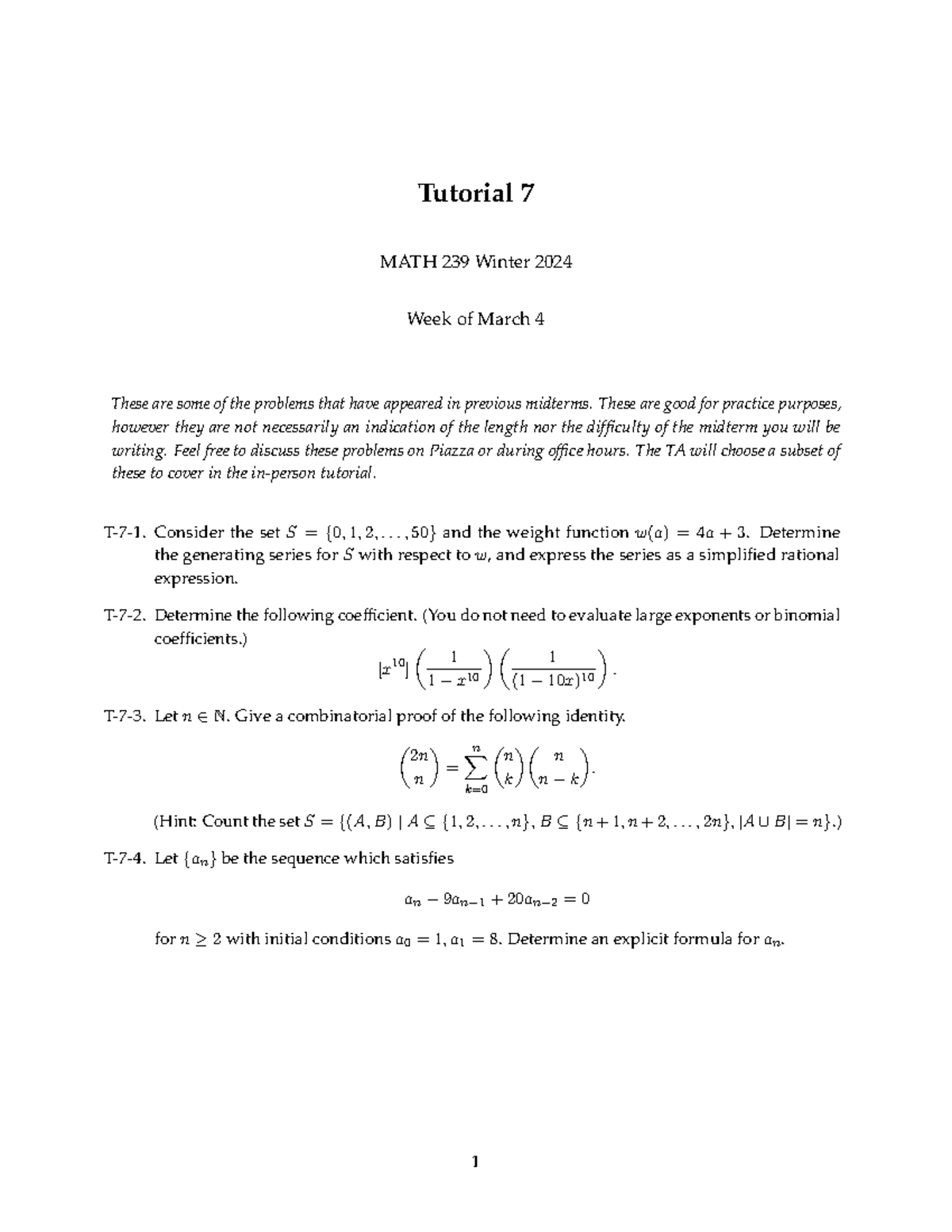 midterm practice problems - Tutorial 7 MATH 239 Winter 2024 Week of ...