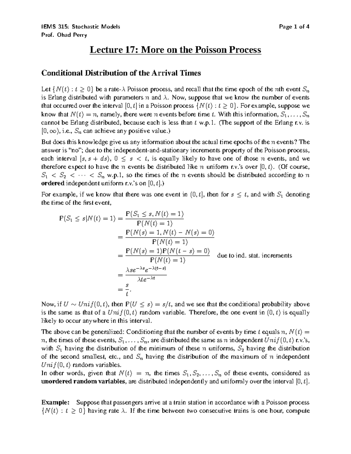 Lecture 17 Poisson Process Continued Iems 315 Stochastic Models Prof Ohad Perry Page 1 Of