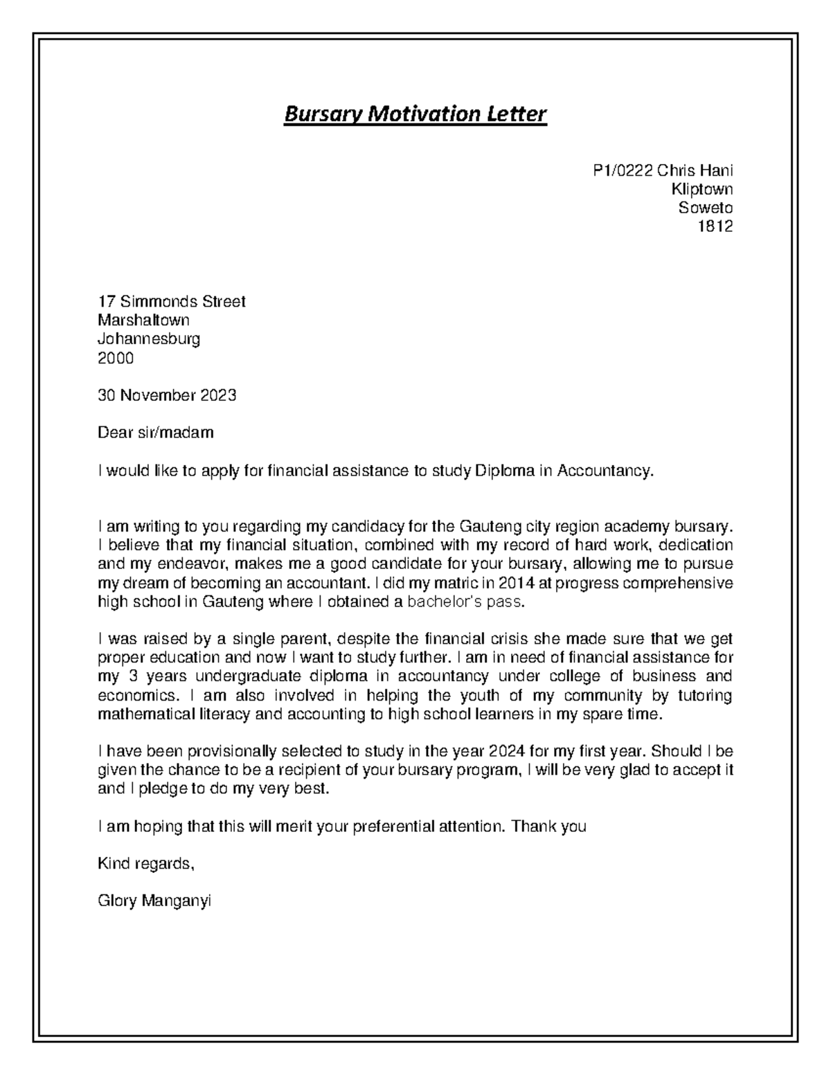 ecs2603 notes and - Bursary Motivation Letter P1/0222 Chris Hani ...