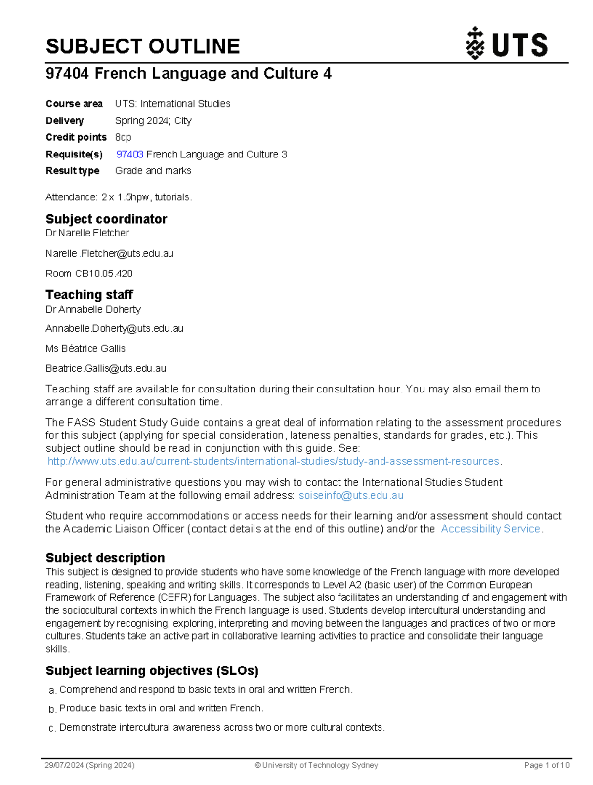 Subject outline - French Lecture Notes - SUBJECT OUTLINE 97404 French ...