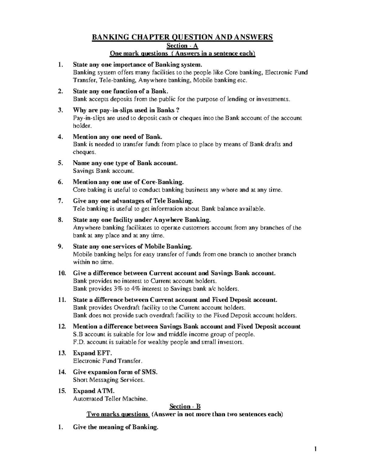 E5 answers - Question and answer - BANKING CHAPTER QUESTION AND ANSWERS ...