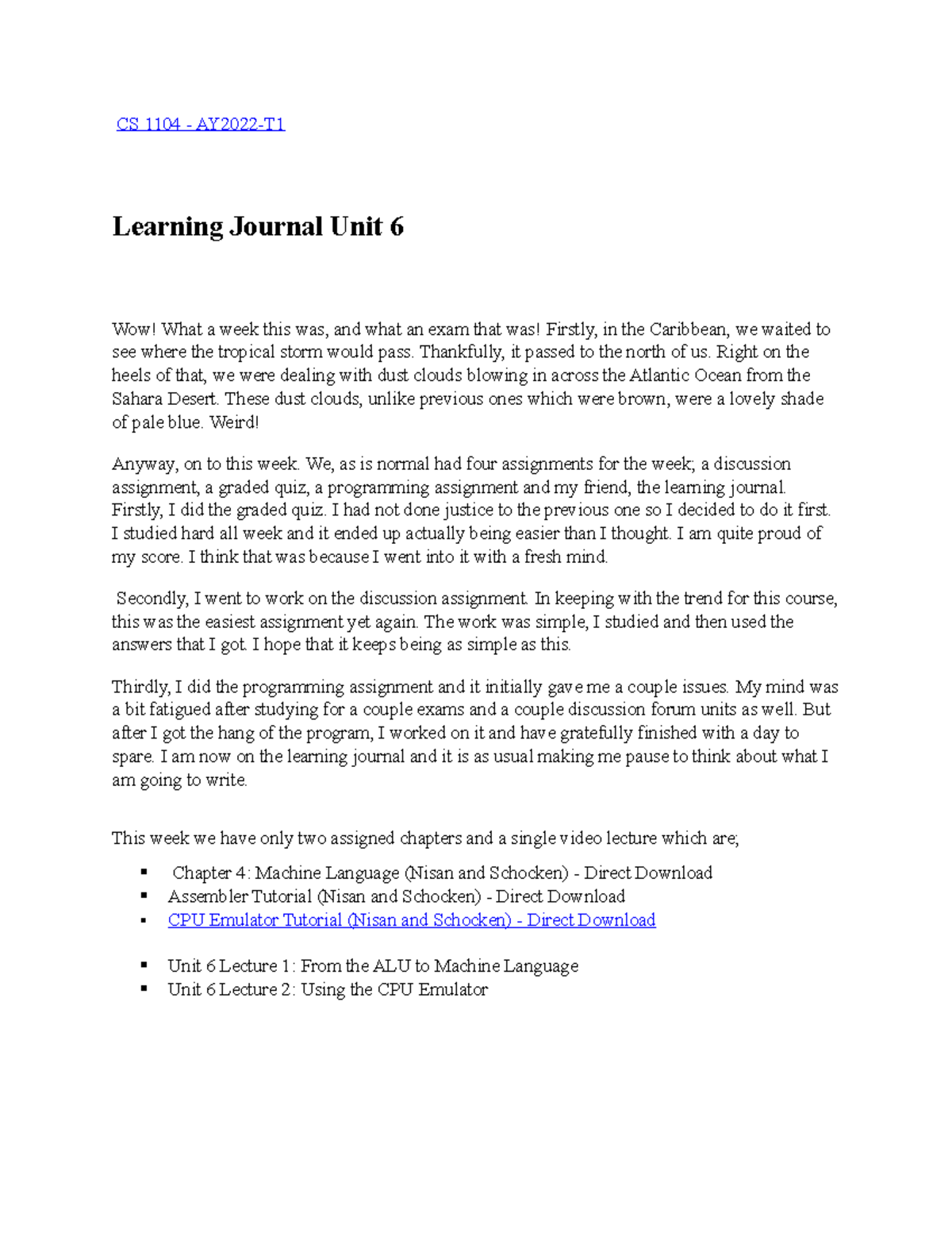 Learning Journal Unit 6 - Thankfully, it passed to the north of us ...