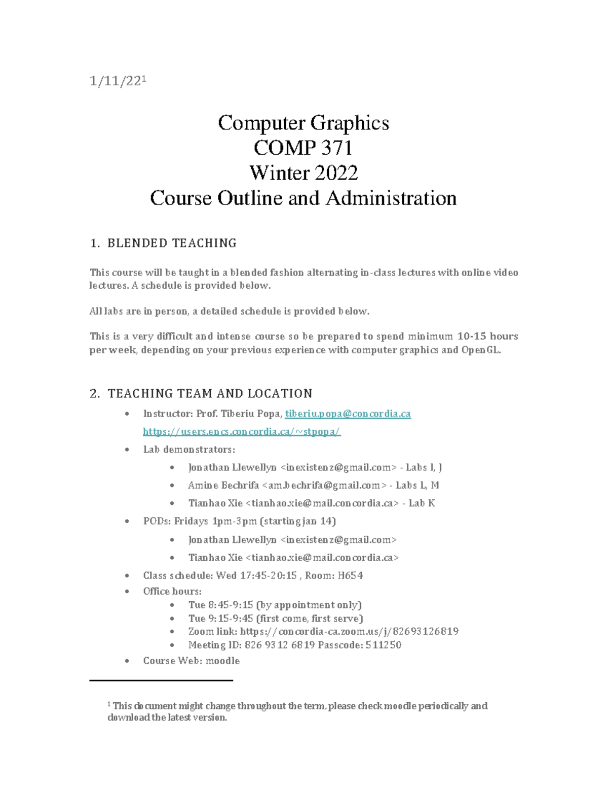 Course Outline COMP 371 Concordia University Winter22 - 1/11/22 1 ...