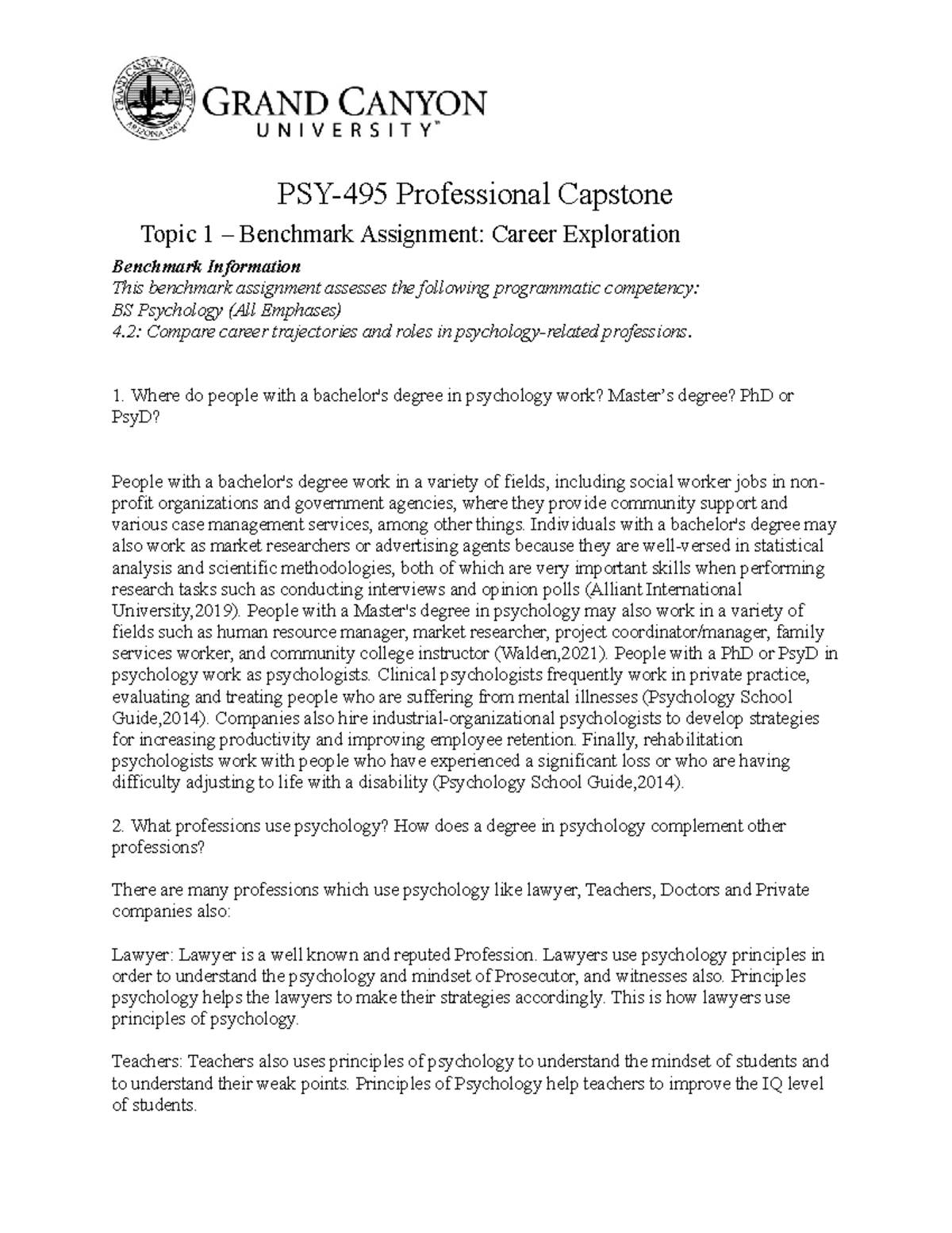 PSY495 RS T1 Benchmark Career Exploration - PSY-495 Professional Capstone Topic 1 – Benchmark ...