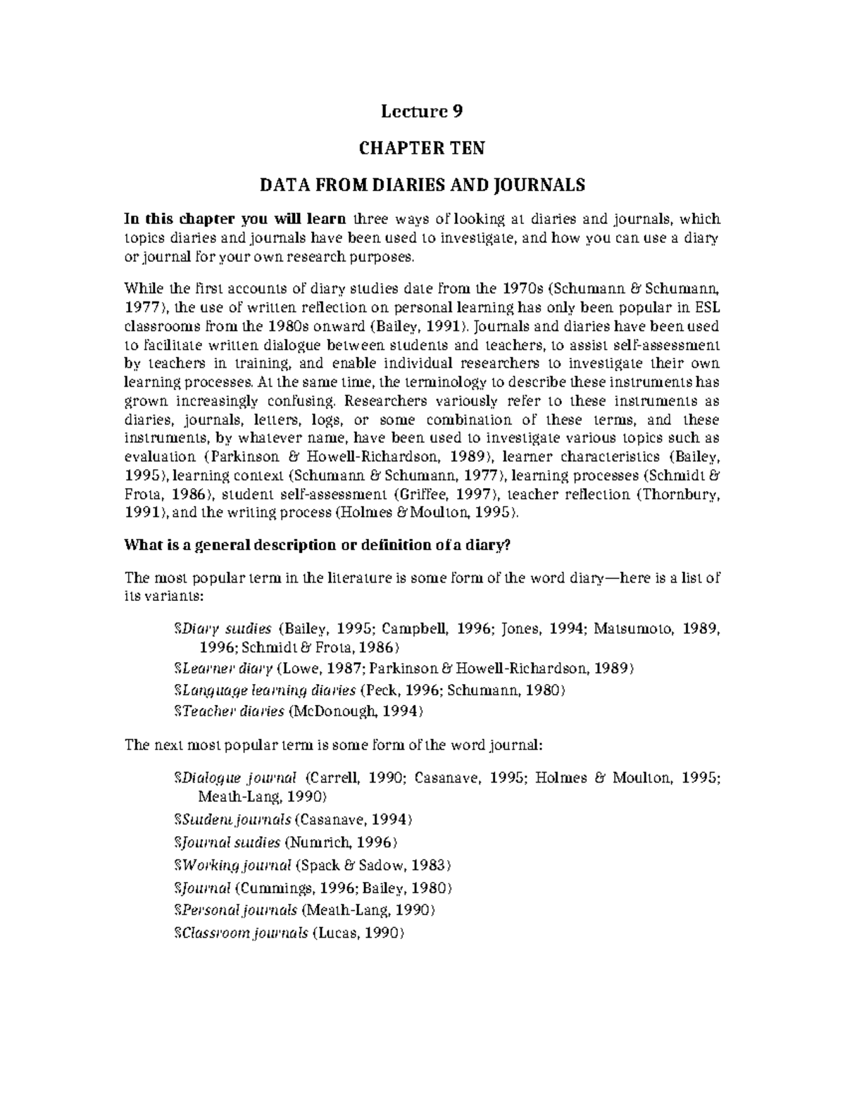9- Lecture 9 - Lecture 9 CHAPTER TEN DATA FROM DIARIES AND JOURNALS In this chapter you will ...