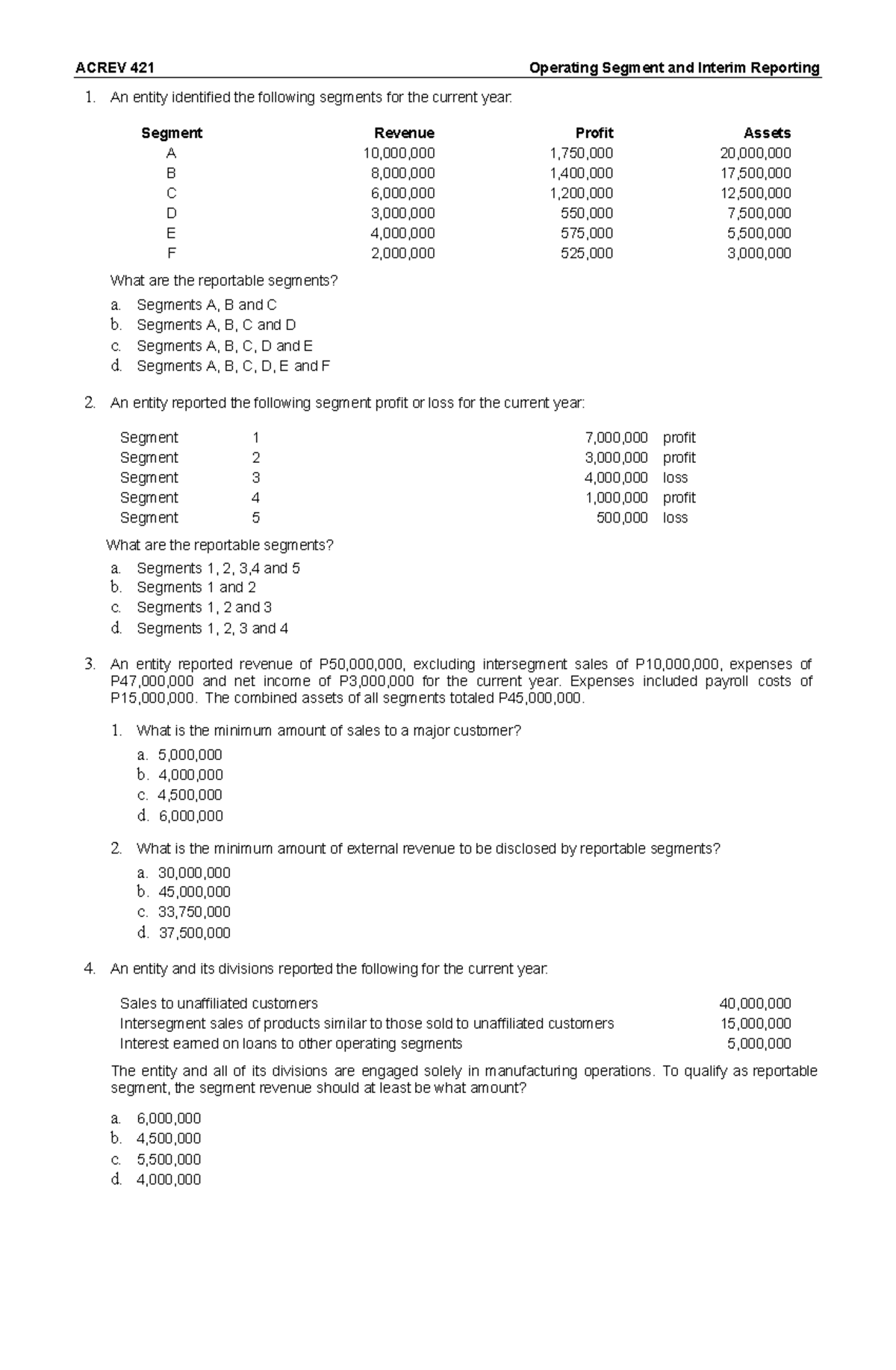 Operating Segment and Interim Reporting - An entity identified the following segments for the ...