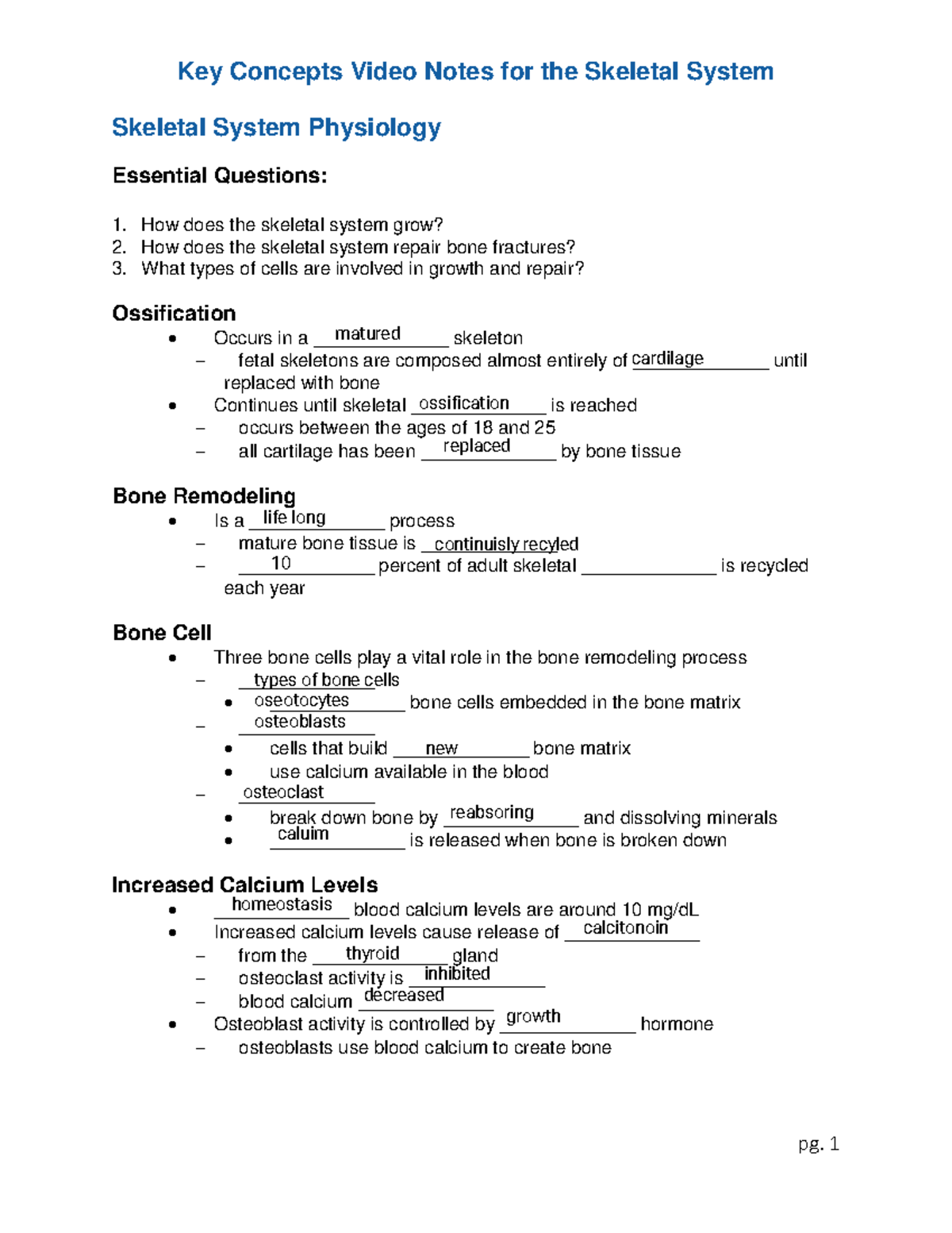 Skeletal System Physiology Video Notes Students - Key Concepts Video ...