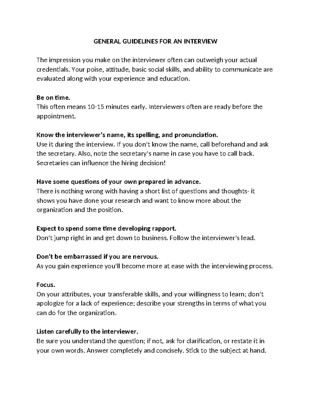 General Guidelines FOR AN Interview - GENERAL GUIDELINES FOR AN ...