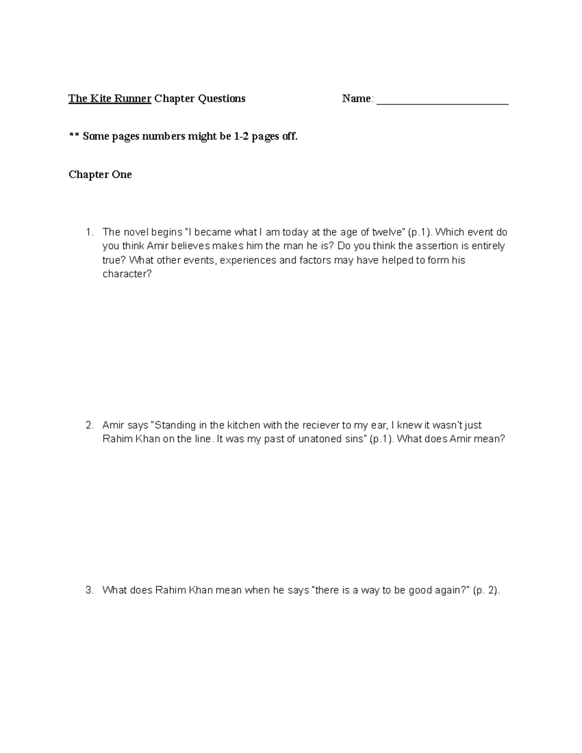 The Kite Runner Chapter Questions pt.1 - The Kite Runner Chapter ...