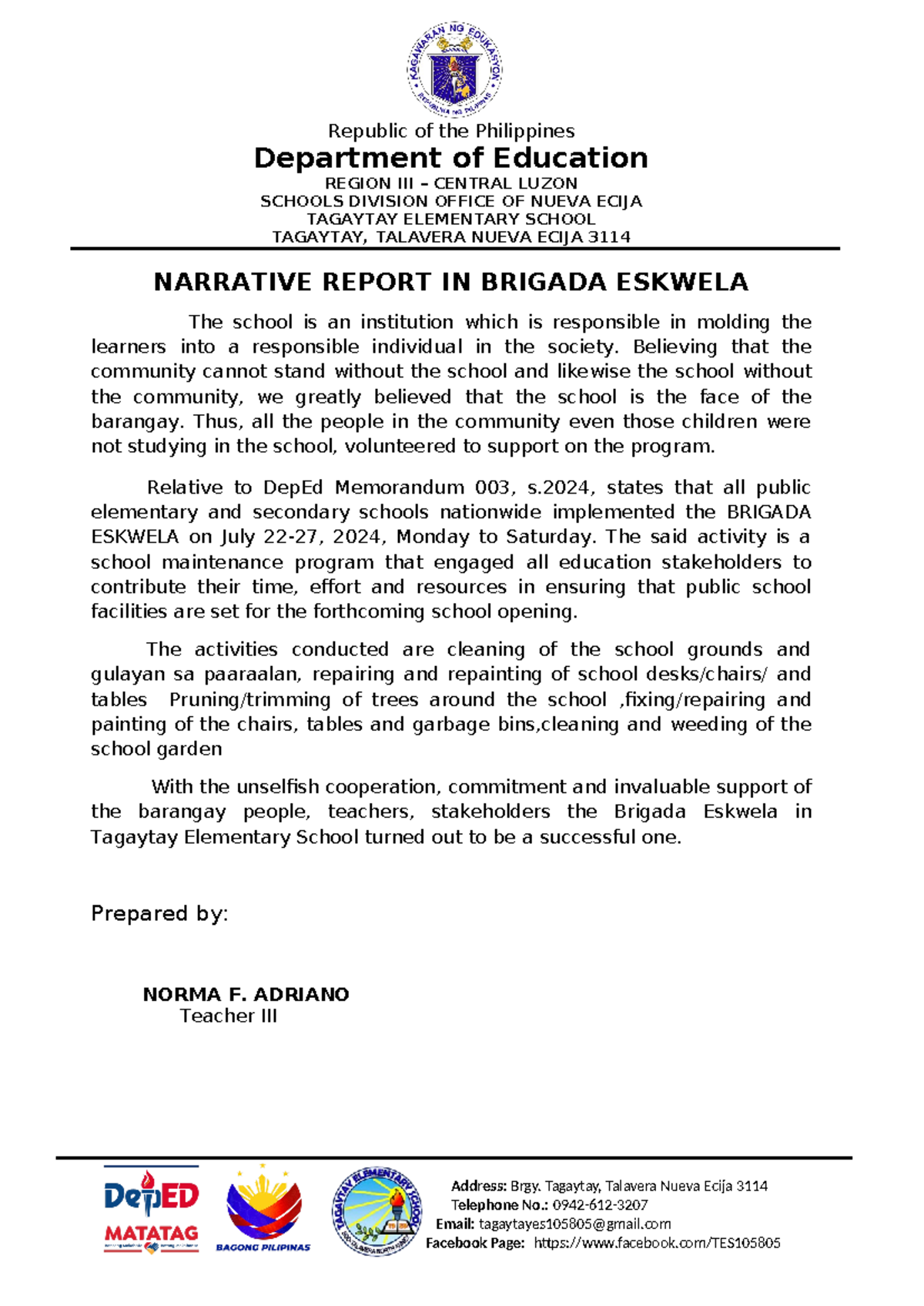 Brigada Narrative MAM norma - Republic of the Philippines Department of ...