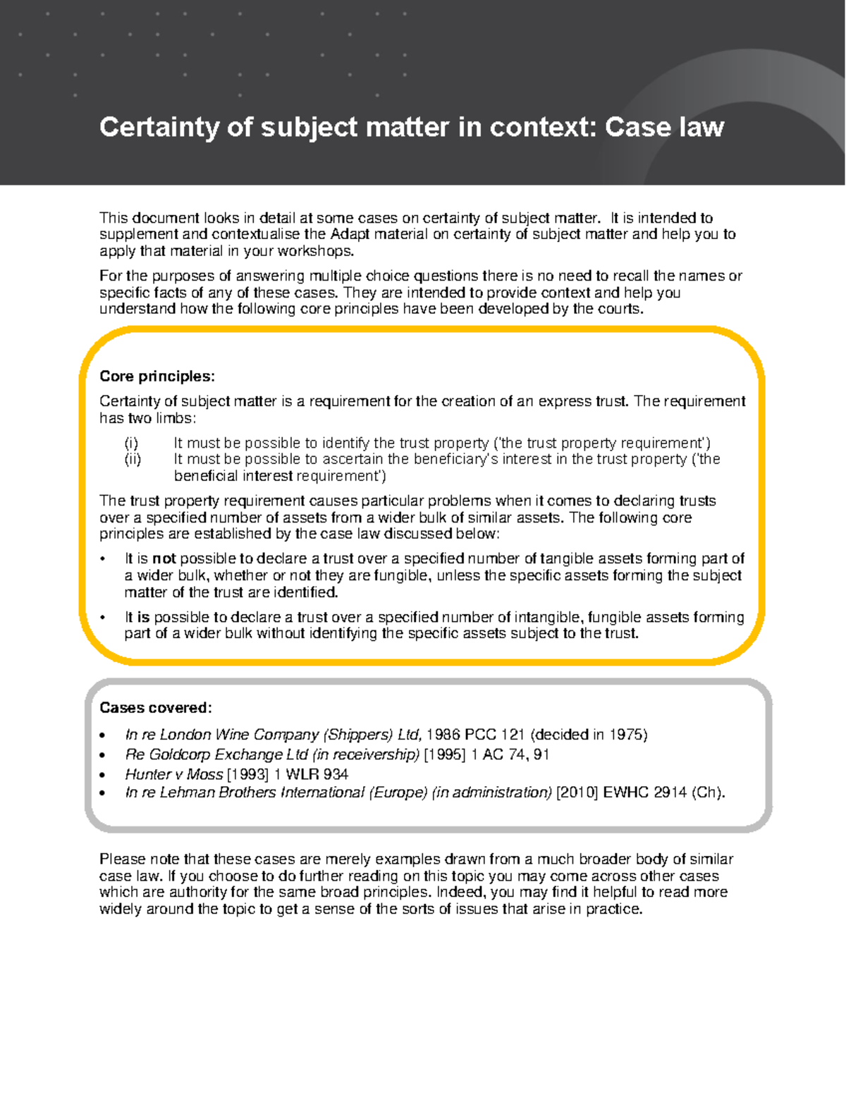3. Trusts law key cases - Certainty of subject matter - Certainty of ...
