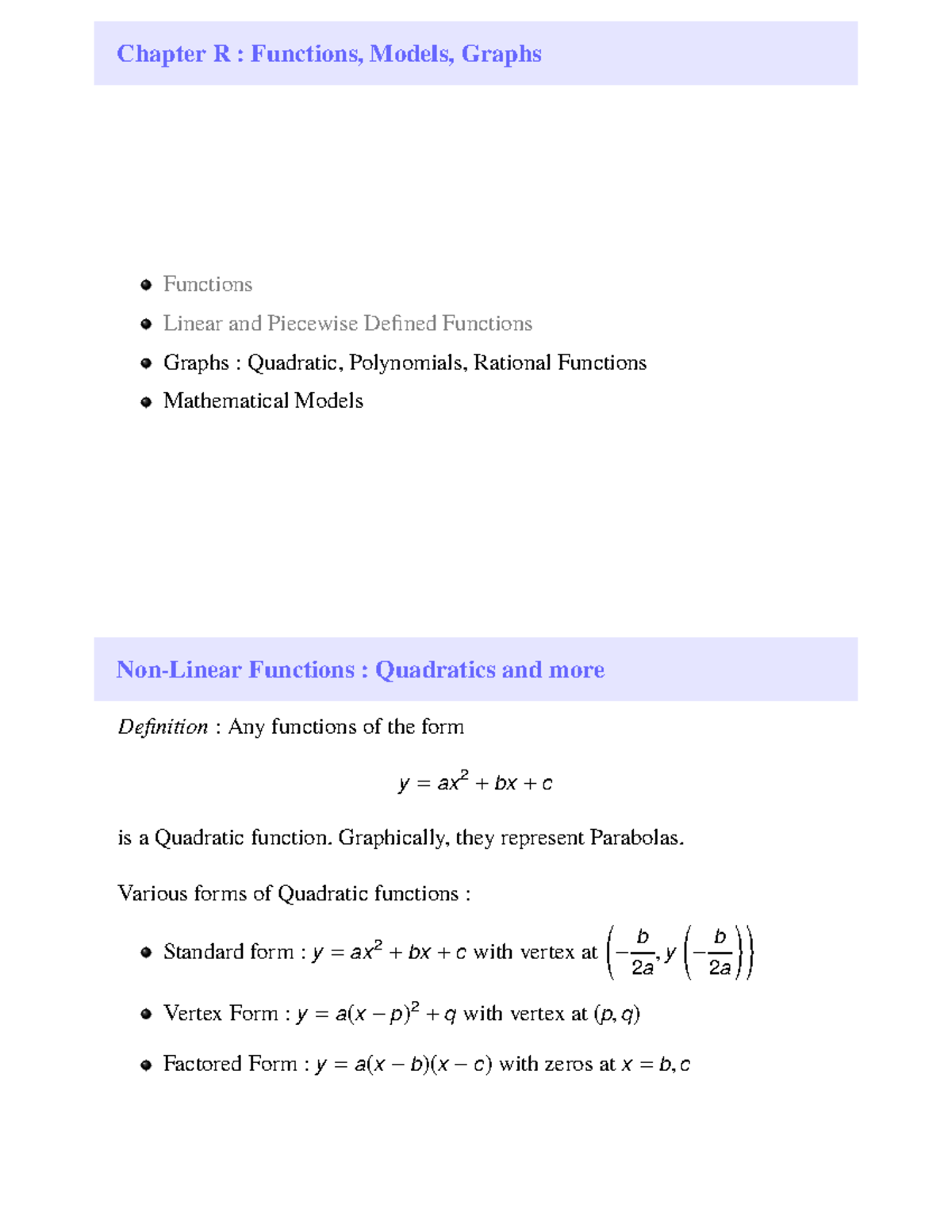 Lec 2 Sept 15 Lec 10 Oct 20 Chapter R Functions Models Graphs