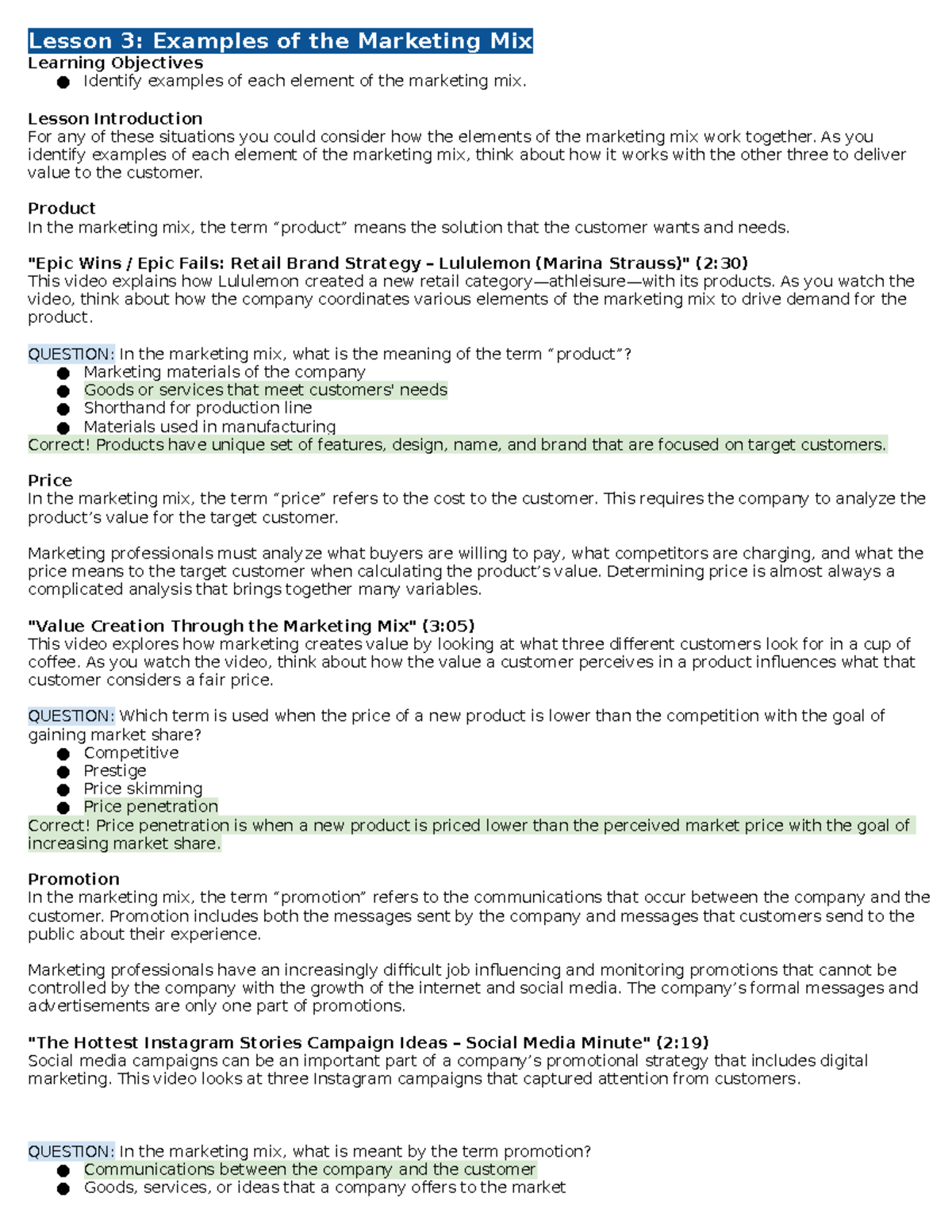 Notes UNIT 2 MOD 1 Lesson 3 - Lesson 3: Examples of the Marketing Mix ...