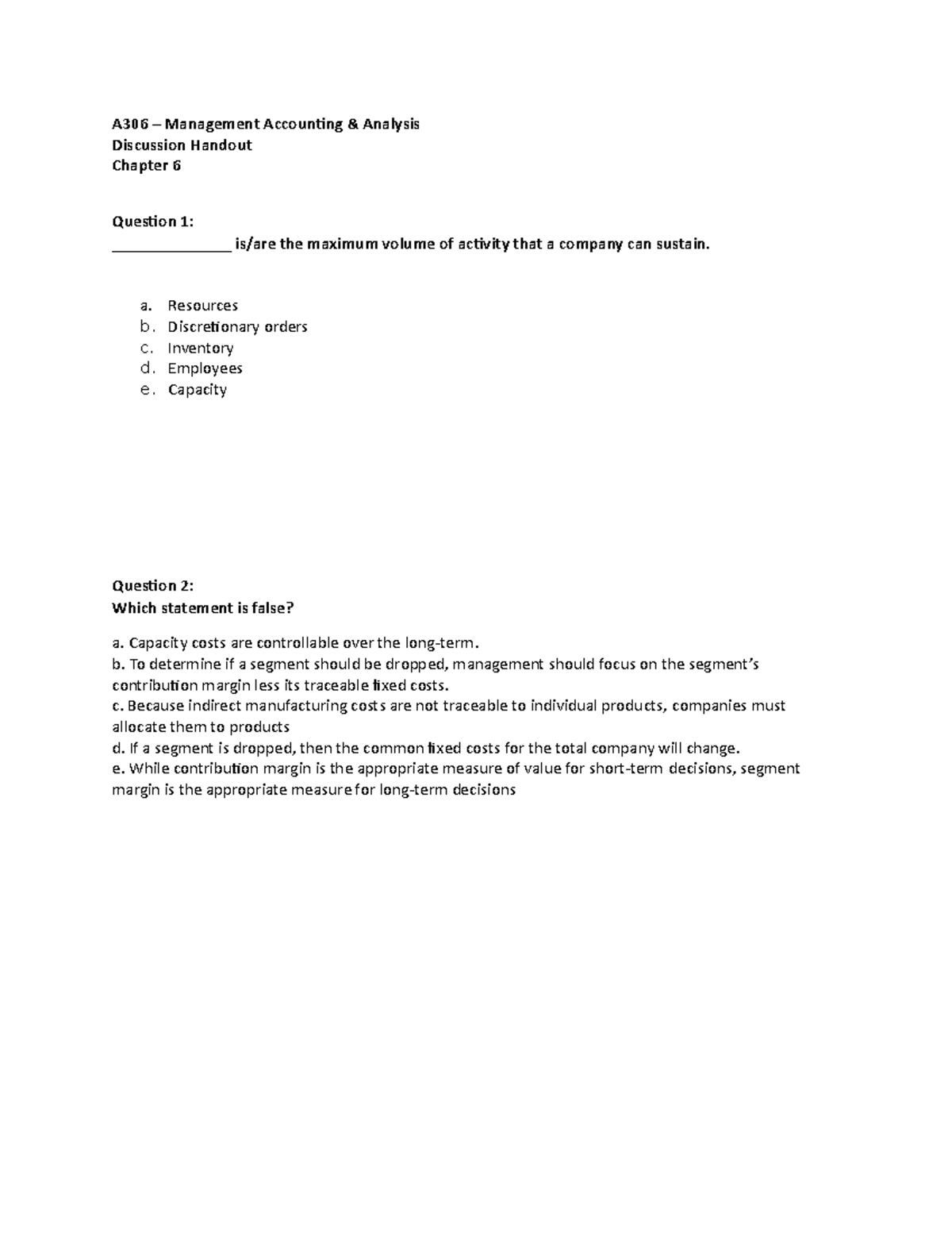 A306 Disc Handout Chapter 6 - A306 – Management Accounting & Analysis ...