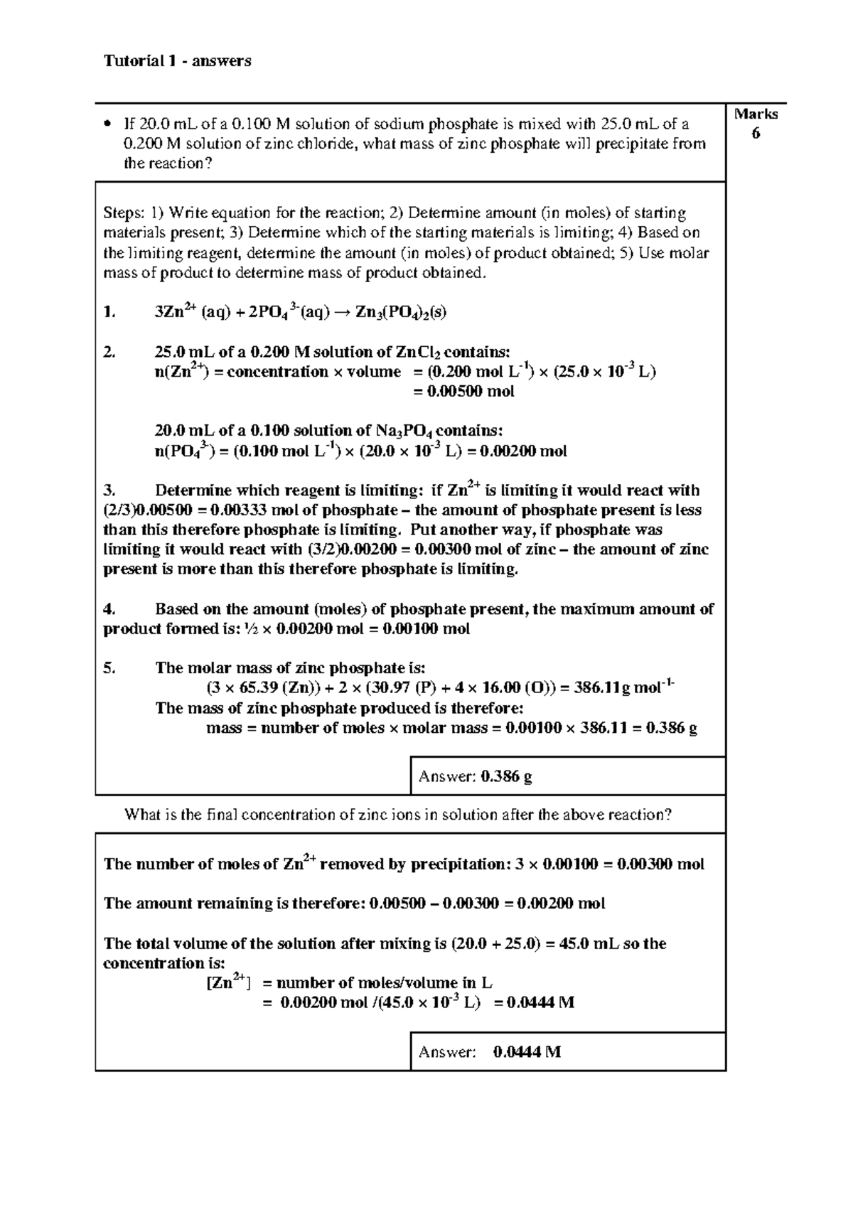 Tutorial 1ans - Documents - Tutorial 1 - answers If 20 mL of a 0 M ...